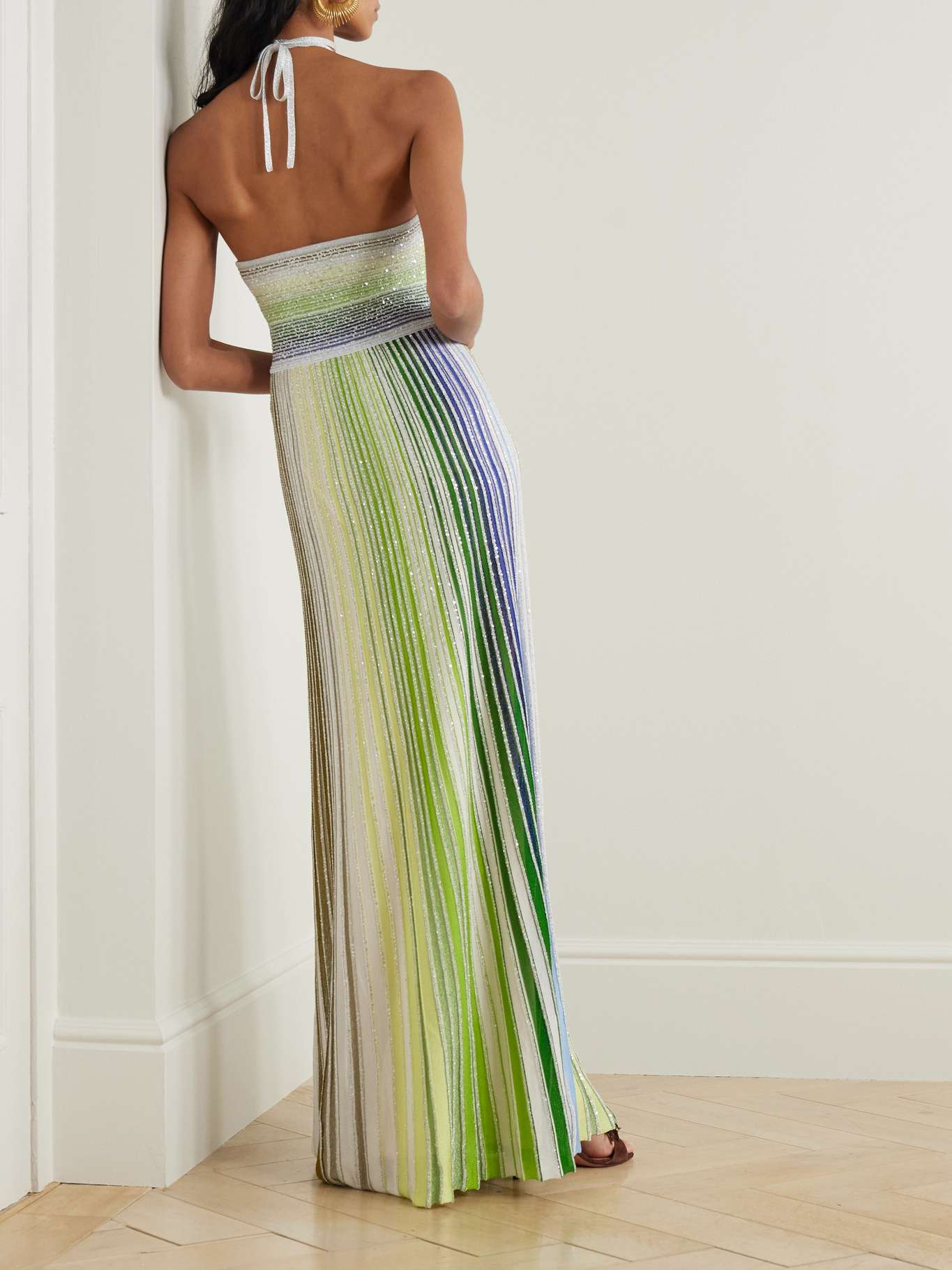 Green Sequin-embellished metallic crochet-knit halterneck maxi dress | MISSONI | NET-A-PORTER