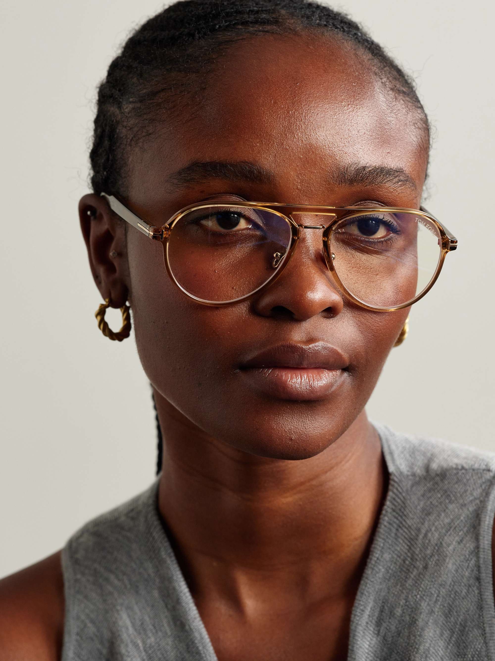 Light Brown Aviator Style Acetate And Gold Tone Optical Glasses Tom