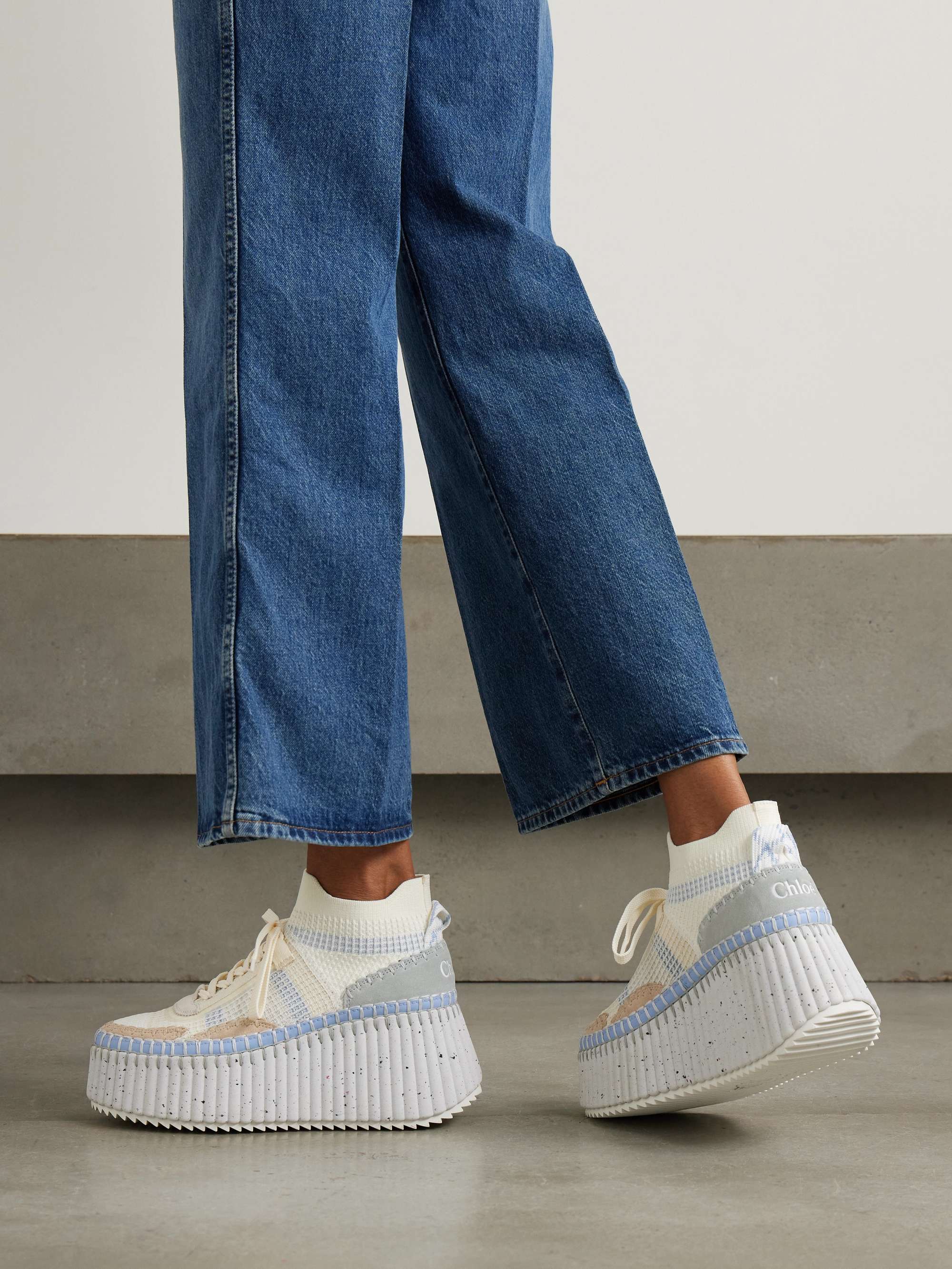 CHLOÉ Nama Leather-trimmed embroidered suede and mesh platform sneakers ...