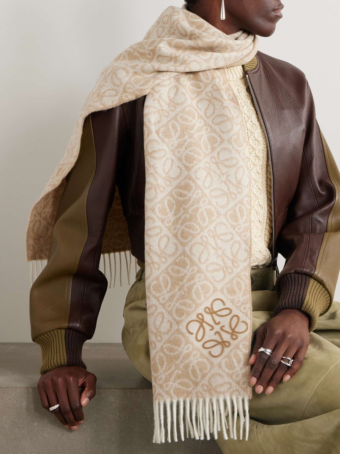 LOEWE Fringed wool and cashmere-blend jacquard scarf | NET-A-PORTER