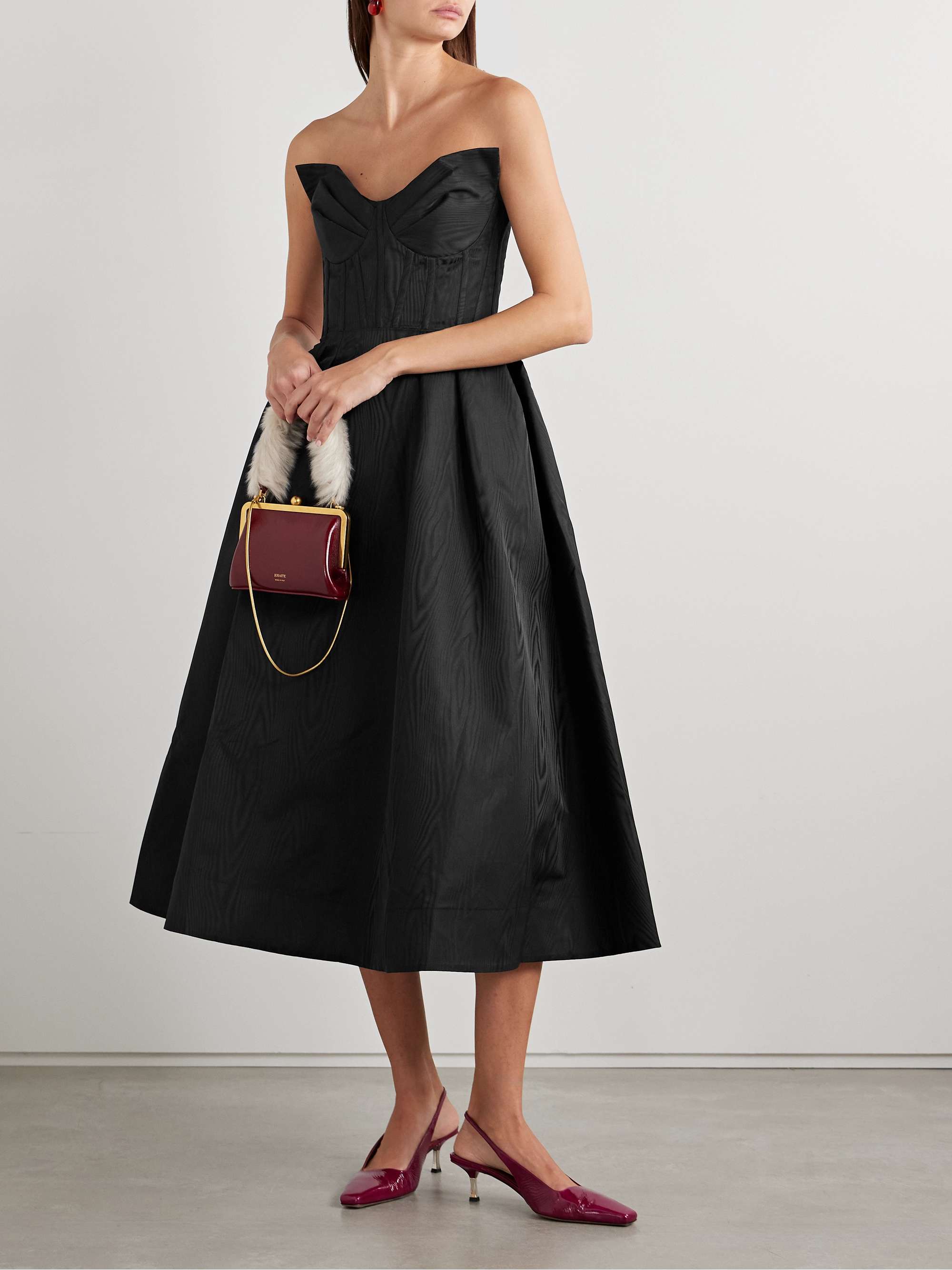 REBECCA VALLANCE Luiza strapless pleated moire midi dress | NET-A-PORTER