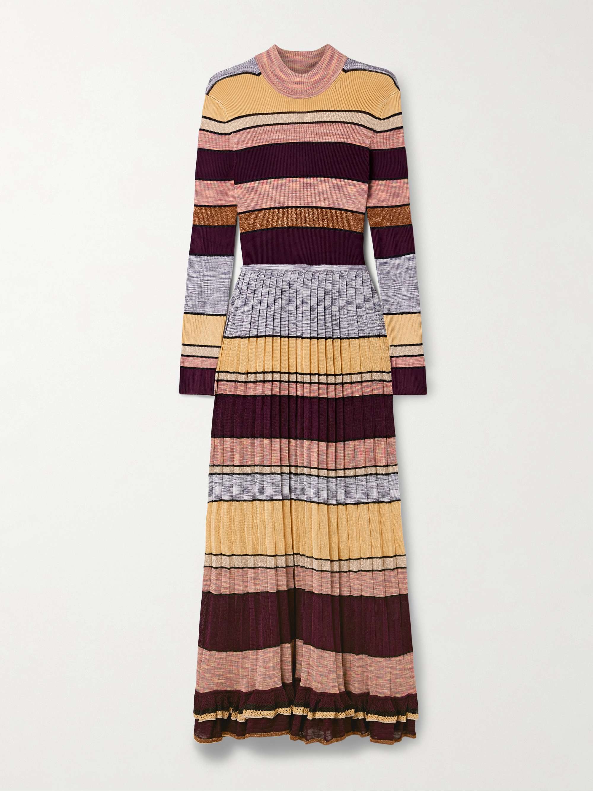ULLA JOHNSON Evangeline striped pleated metallic knit turtleneck maxi ...
