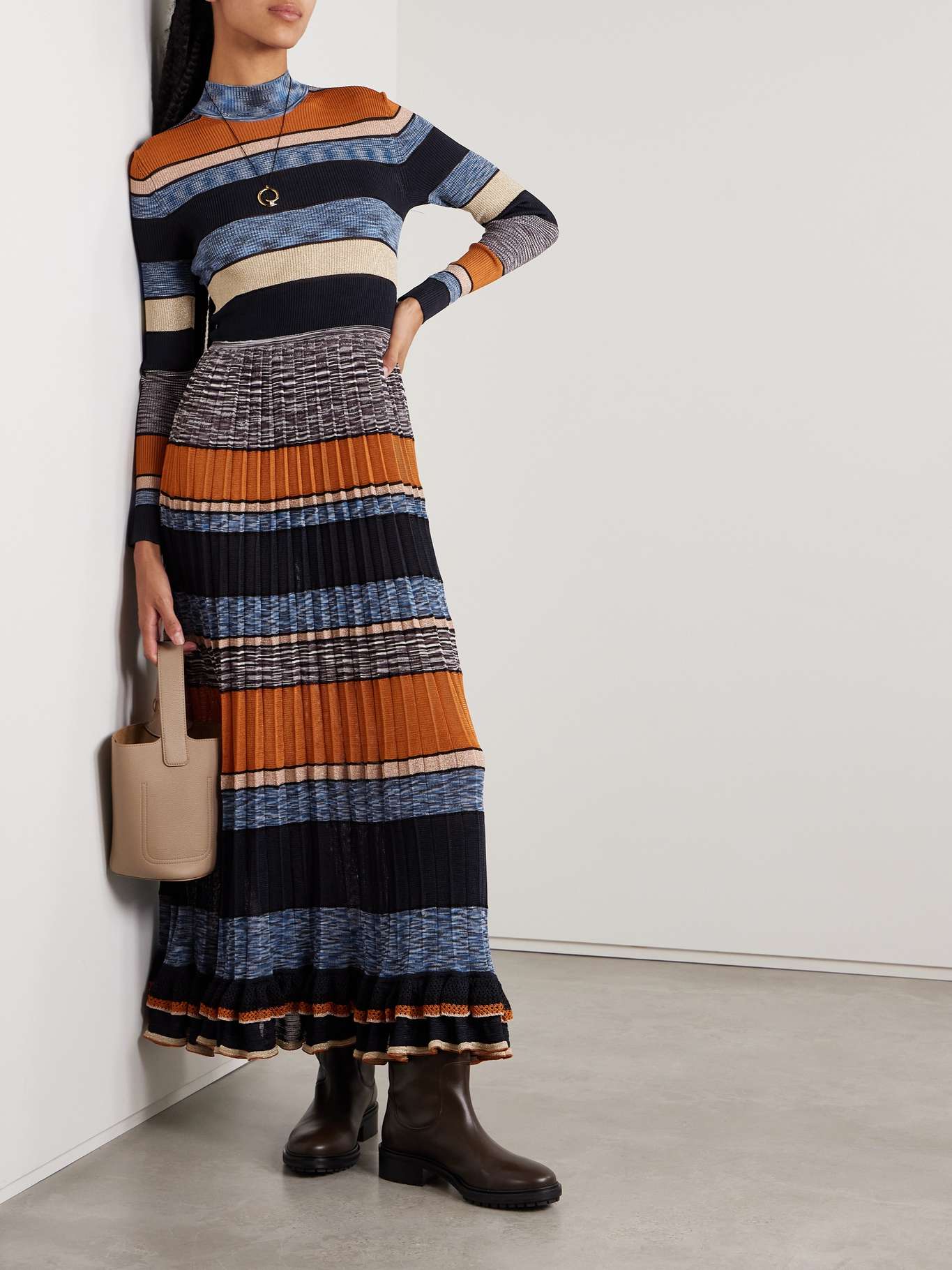 ULLA JOHNSON Evangeline striped pleated metallic-knit turtleneck maxi ...