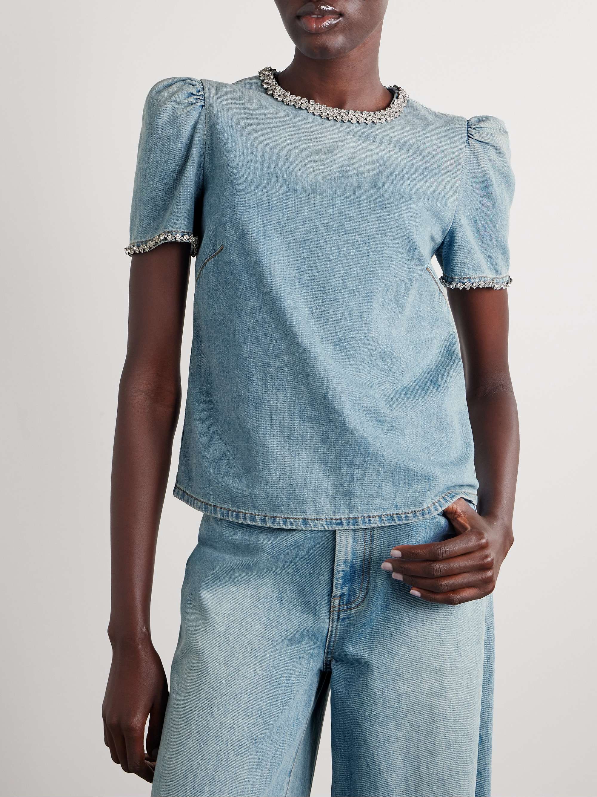 ZIMMERMANN Crush crystal-embellished gathered denim top | NET-A-PORTER