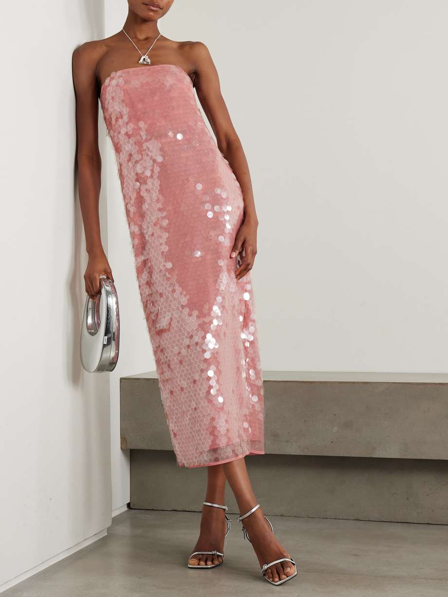 STAUD Casey strapless paillette-embellished tulle midi dress | NET-A-PORTER