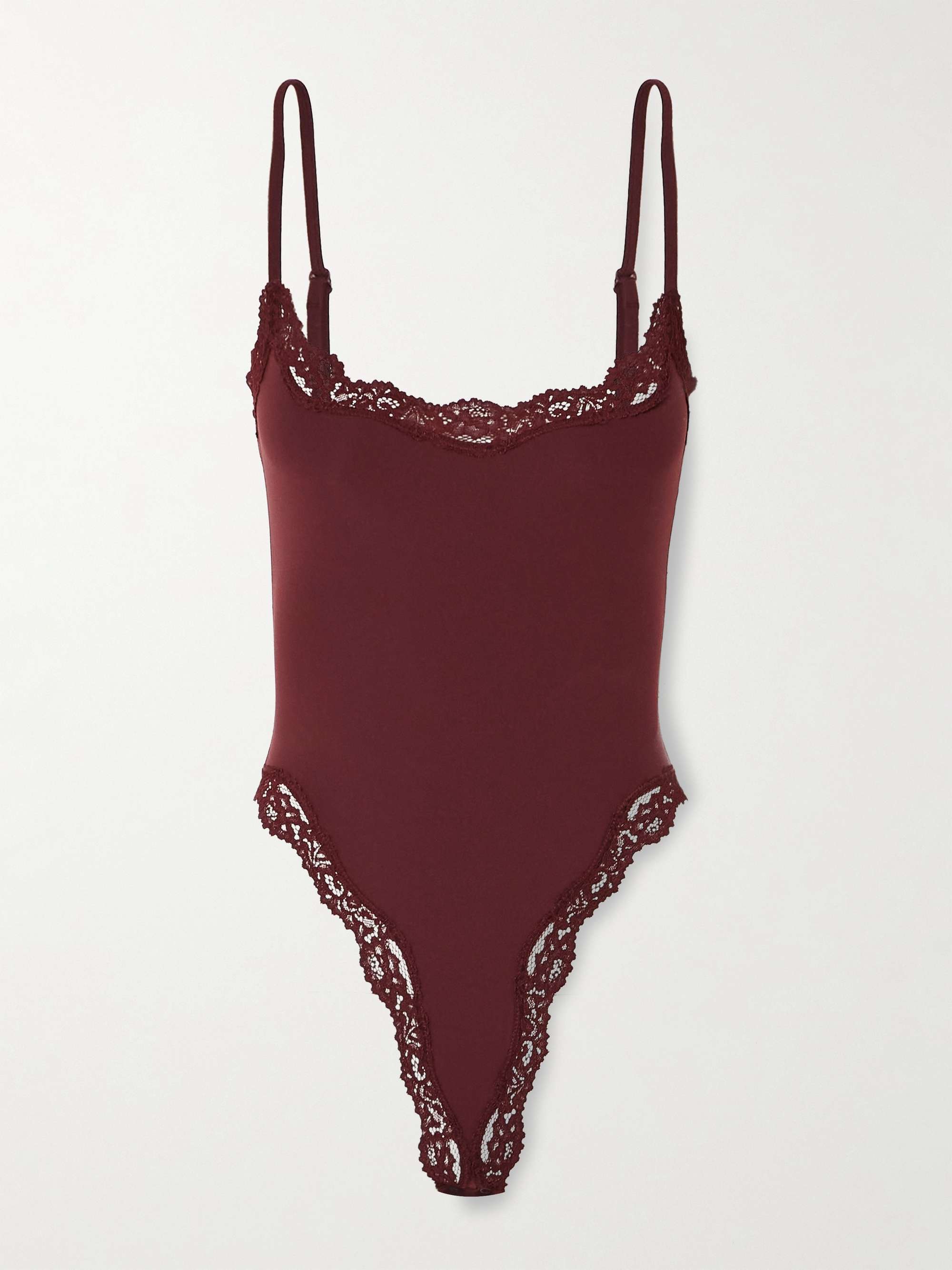 SKIMS Fits Everybody lace-trimmed stretch thong bodysuit - Oxblood ...