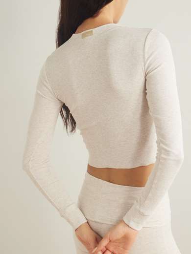 SKIMS Long Sleeve Crop Henley - Heather Oatmeal | NET-A-PORTER