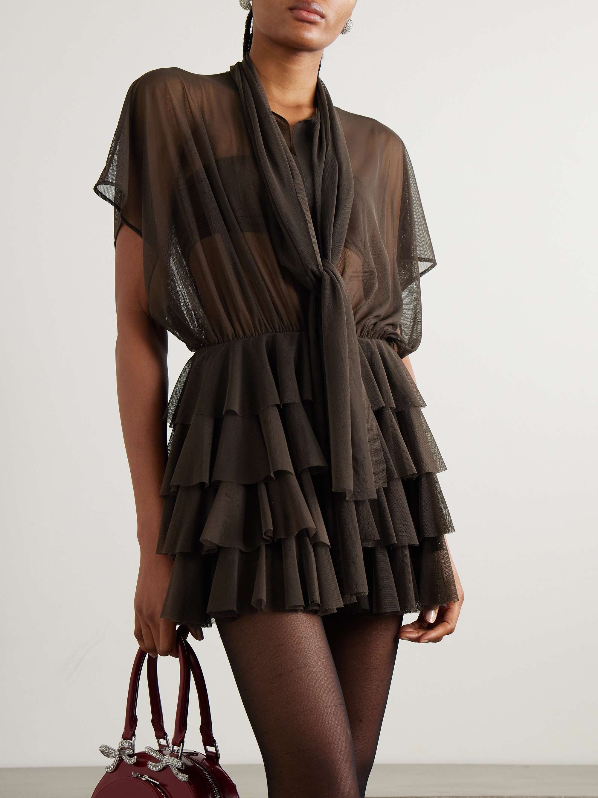 NORMA KAMALI Lauren tie-neck ruffled stretch-mesh mini dress | NET-A-PORTER