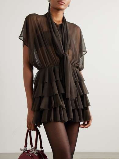 NORMA KAMALI Lauren tie-neck ruffled stretch-mesh mini dress | NET-A-PORTER