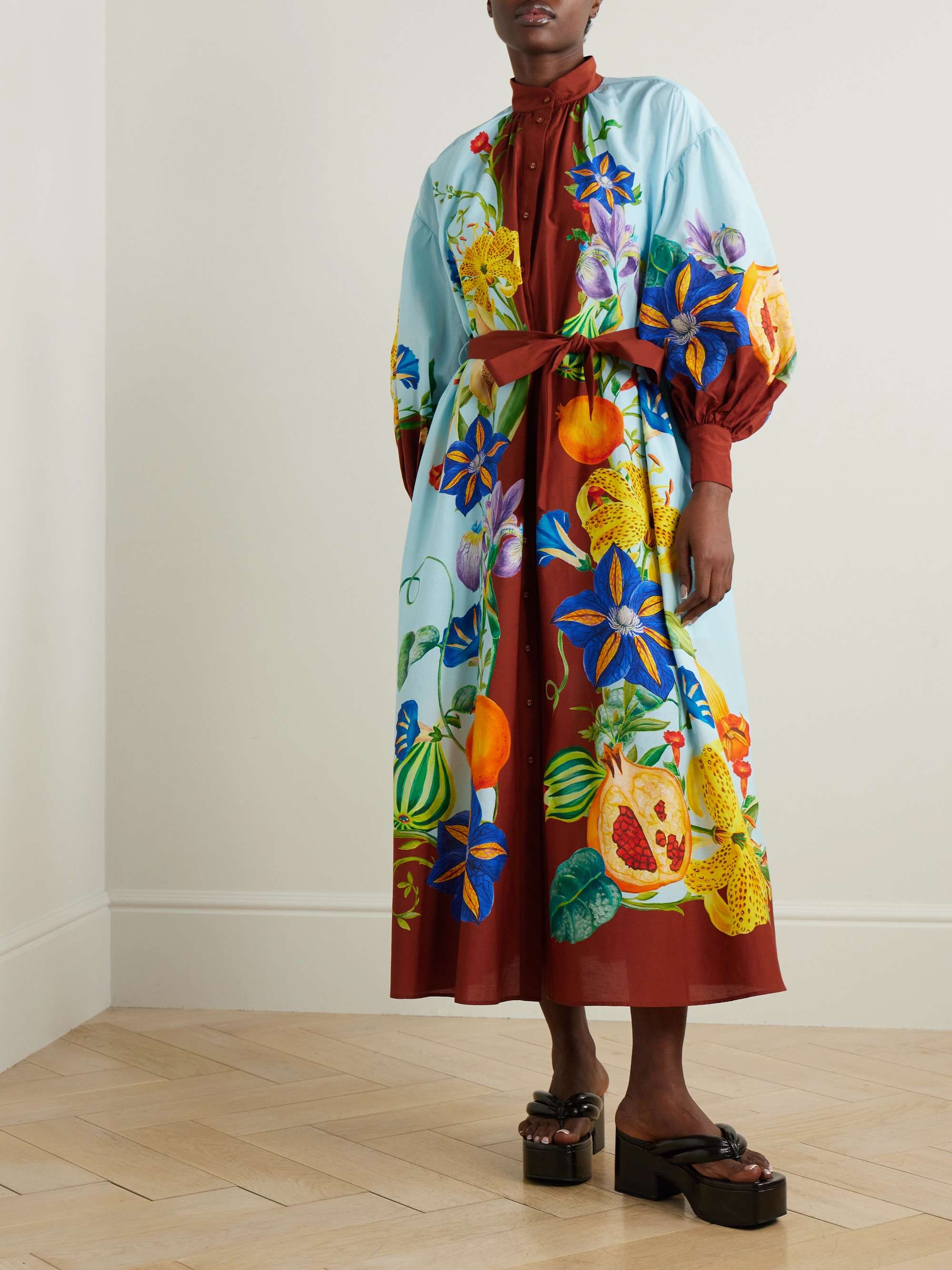 ALÉMAIS Dahlia belted floral-print cotton and silk-blend midi dress ...