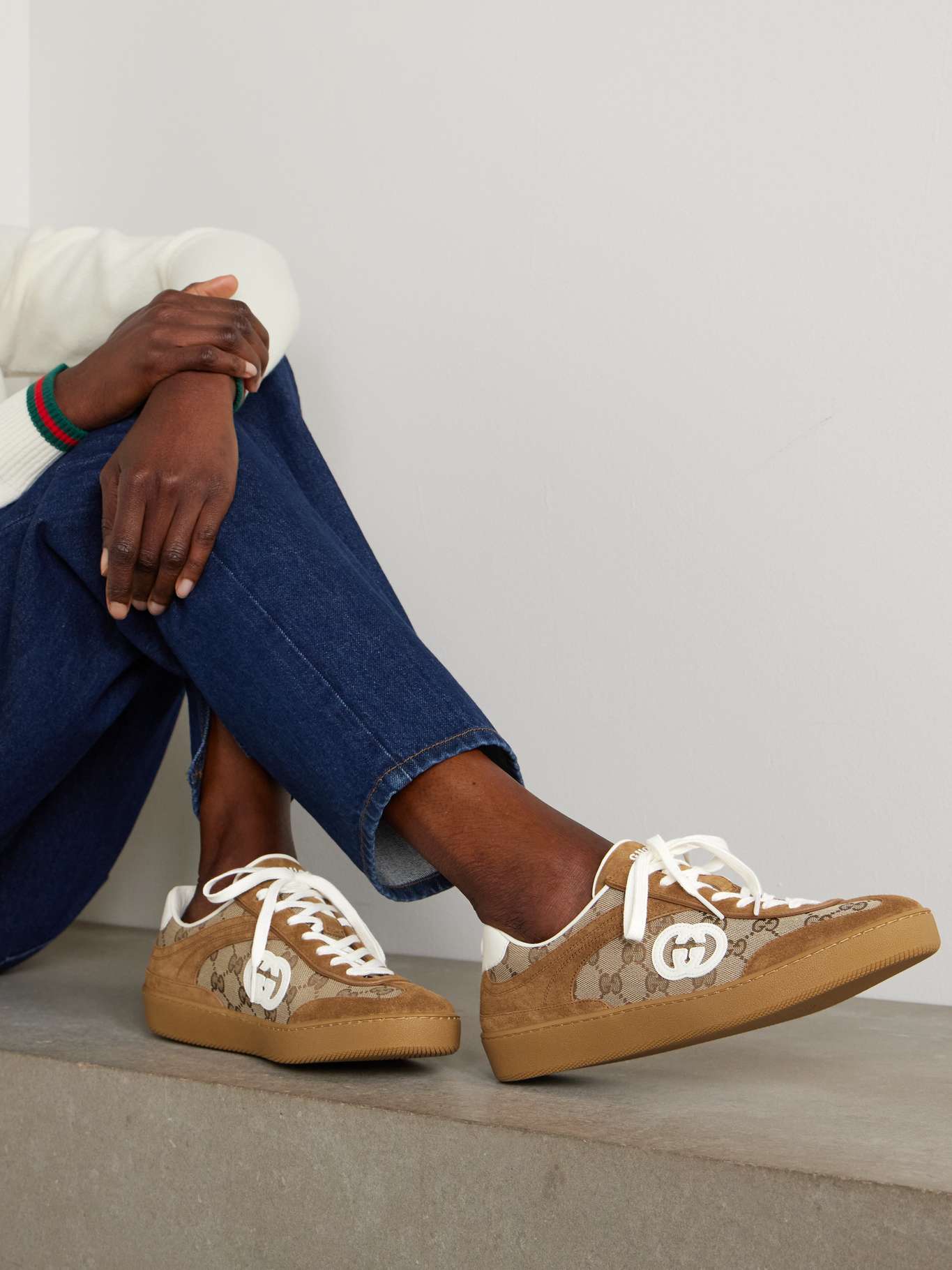 GUCCI Leather and suede-trimmed coated canvas-jacquard sneakers | NET-A ...