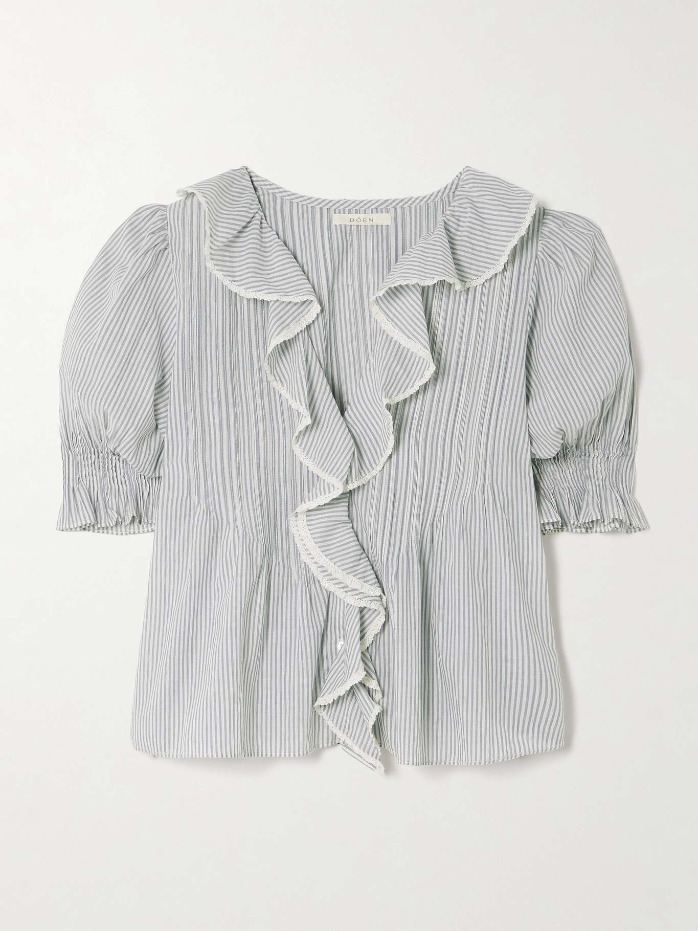 DÔEN Henri lace-trimmed ruffled pintucked striped organic cotton-voile ...