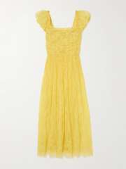 DÔEN Pamelina ruffled shirred lace midi dress | NET-A-PORTER