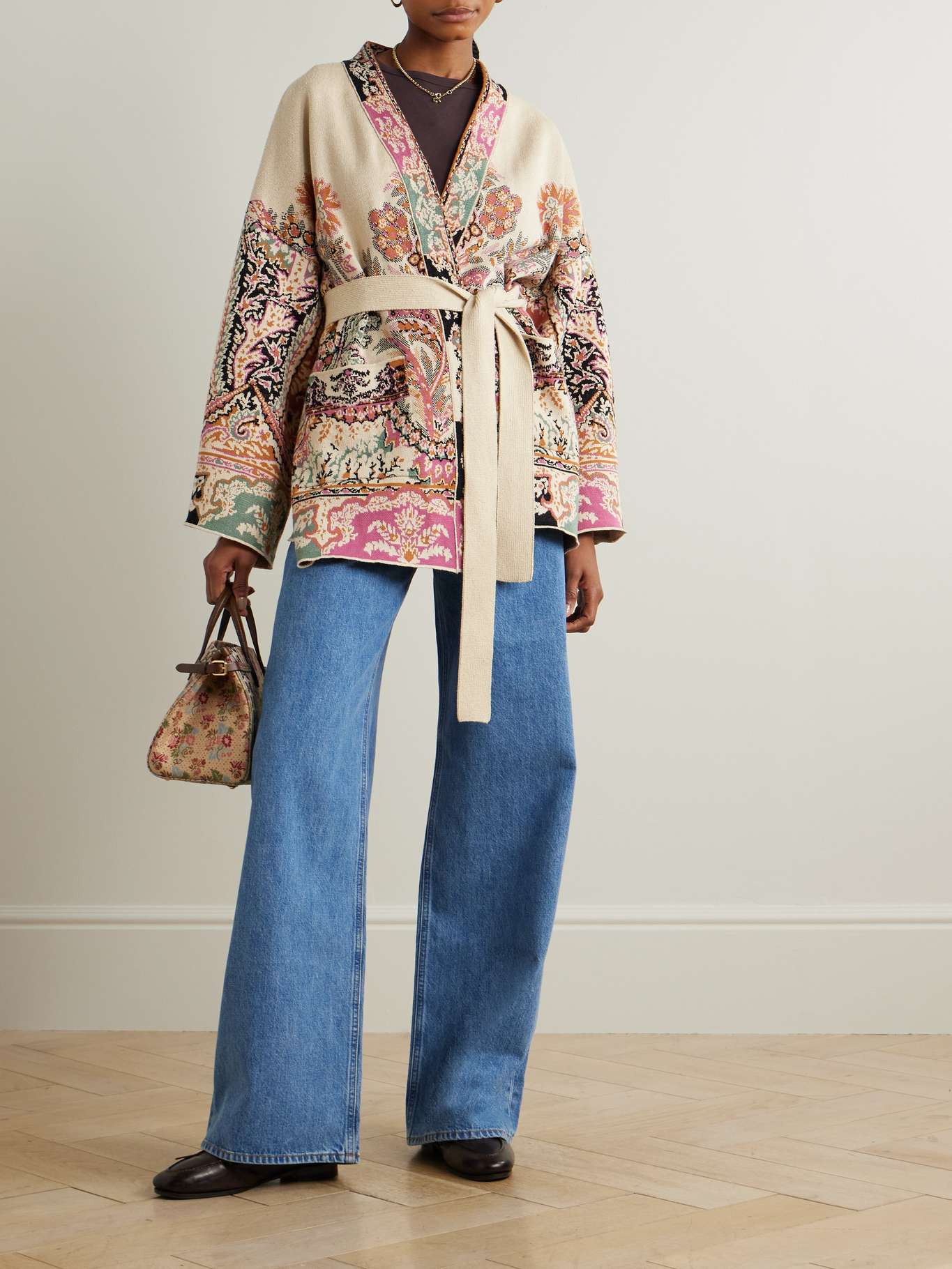 ETRO Belted silk, cotton and linen-jacquard cardigan | NET-A-PORTER
