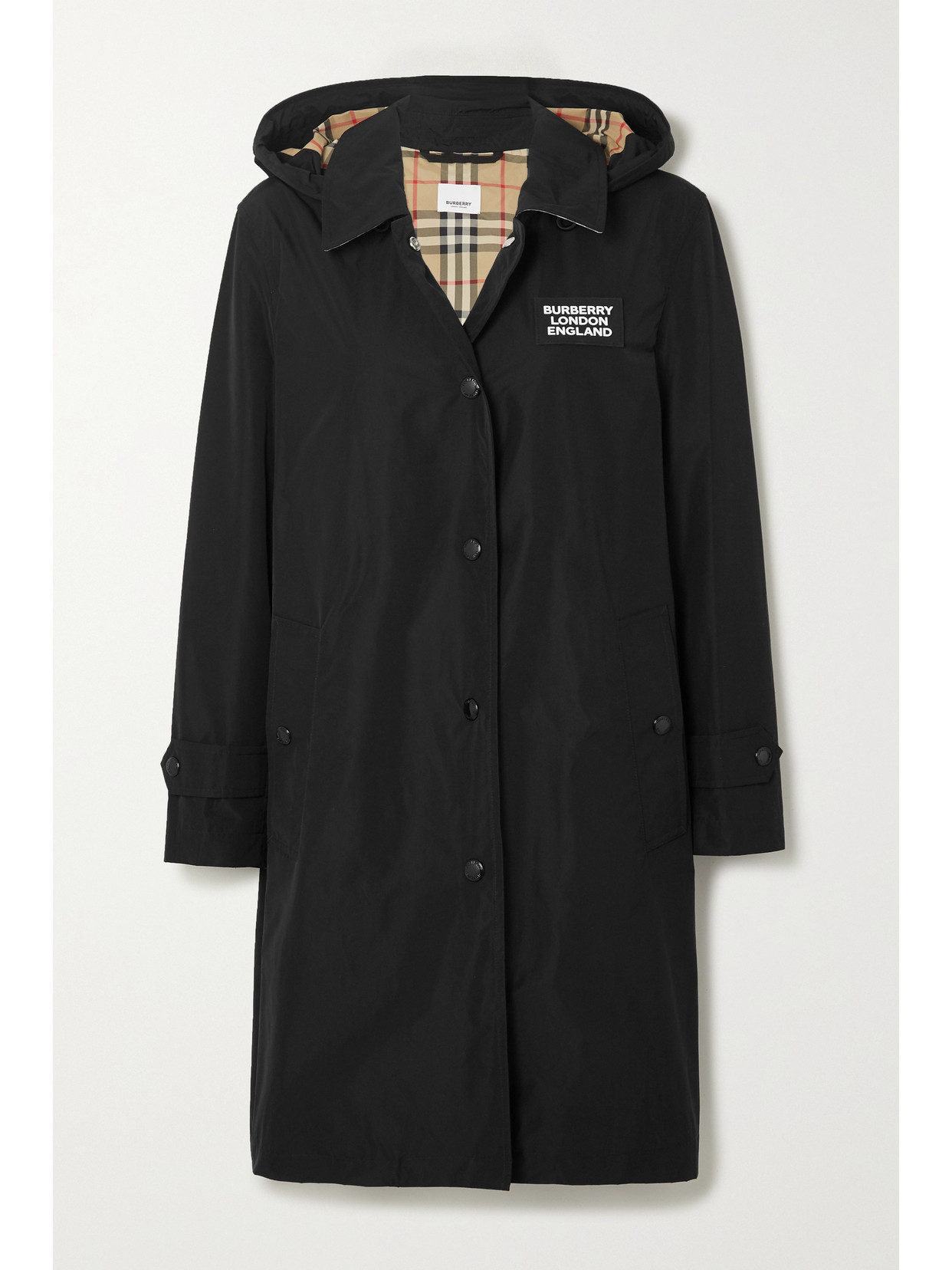 Burberry Oxclose Logo Patch Hooded Taffeta Coat In Black | ModeSens