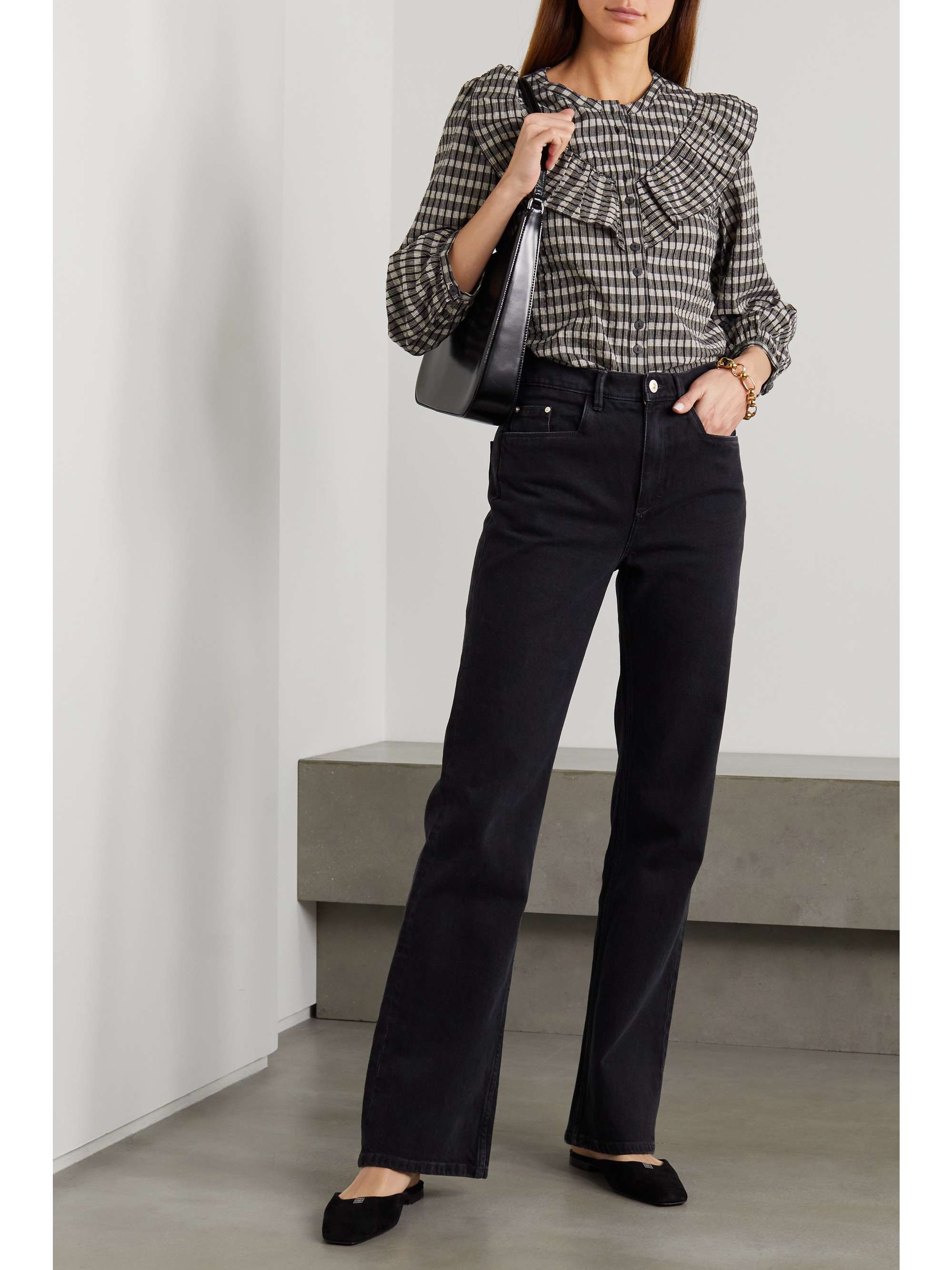 Black Nessa ruffled checked cotton blouse | CEFINN | NET-A-PORTER