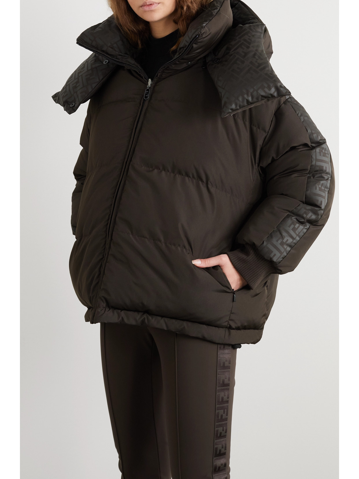Fendi Reversible Hooded Jacquard Down Ski Jacket In Brown | ModeSens
