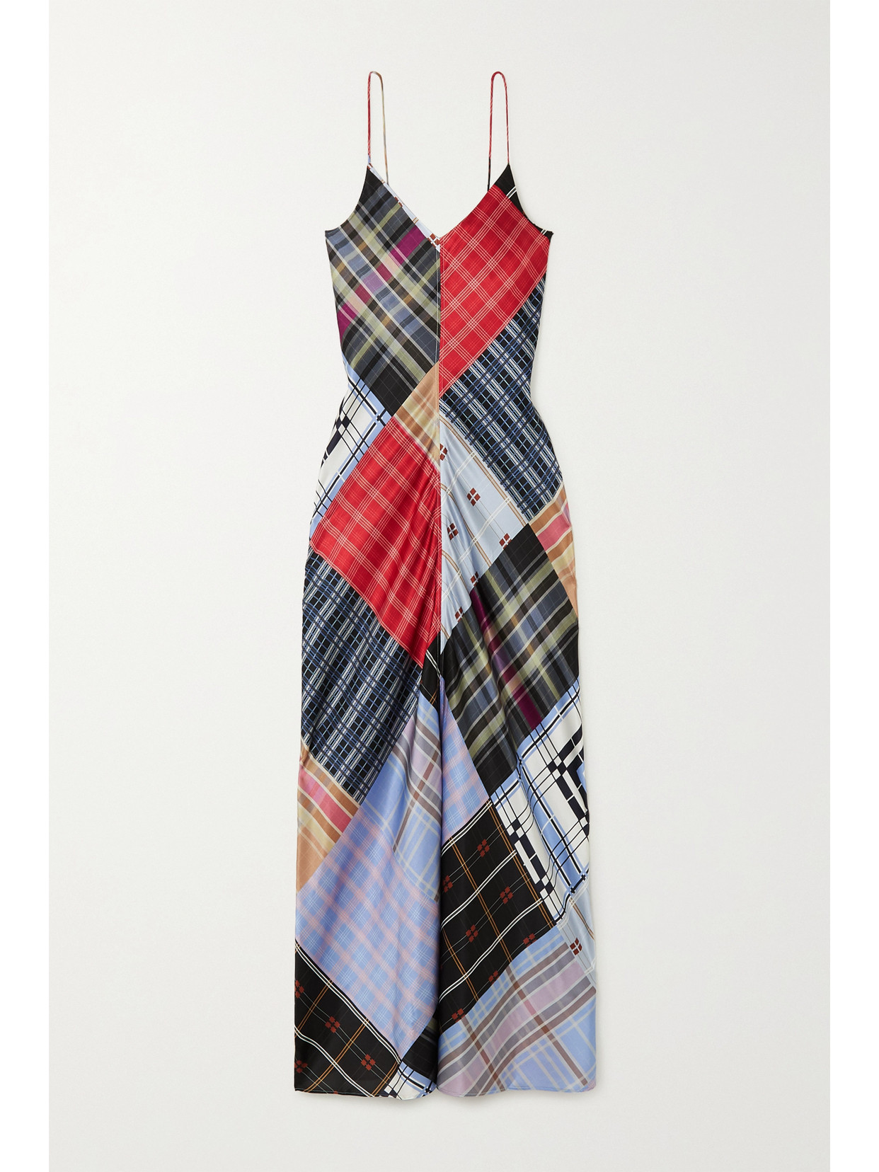 Ganni Patchwork Printed Silk Blend Satin Maxi Dress In Blue Modesens