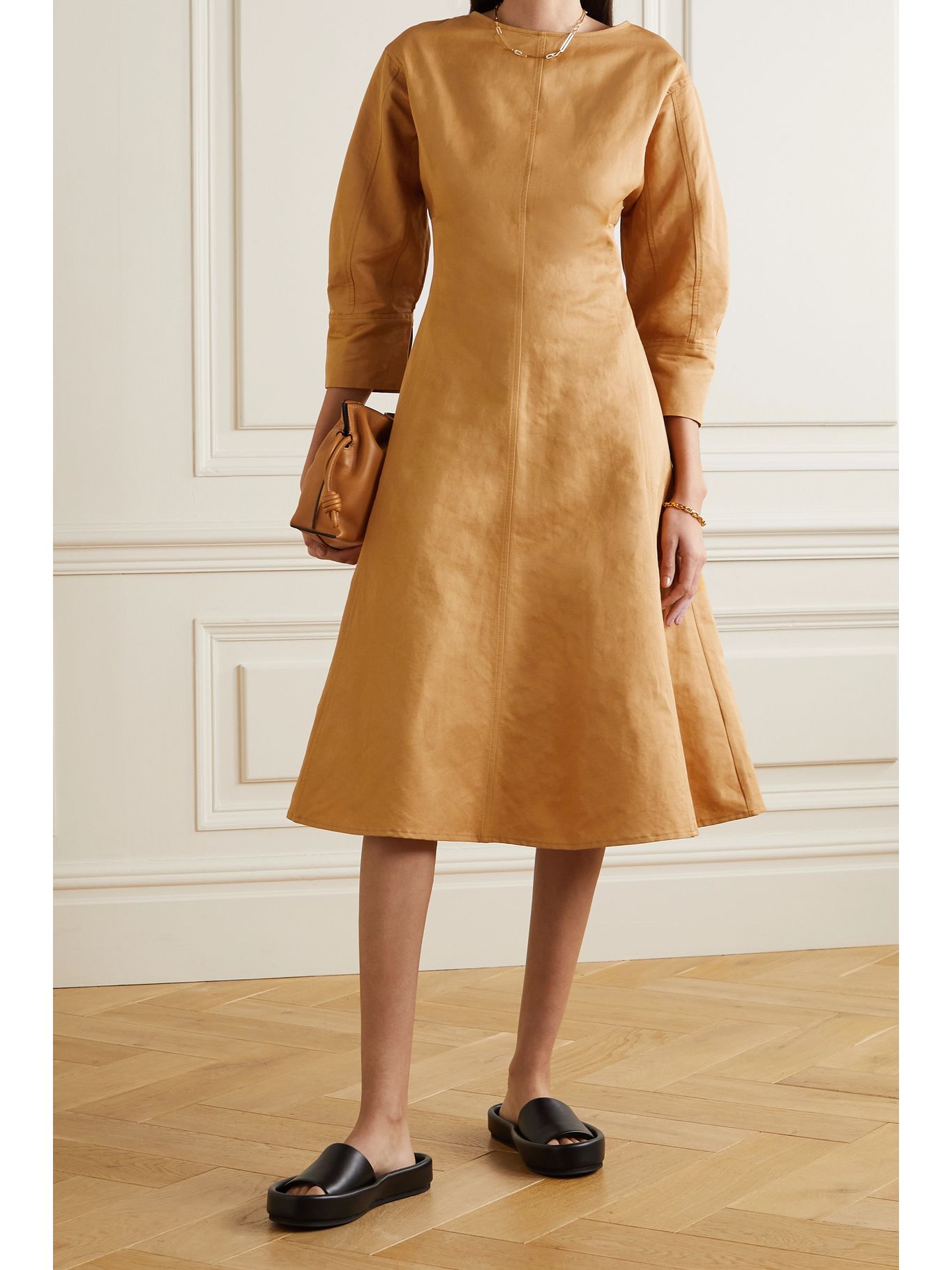 Orange Paneled linen and cotton-blend midi dress | LVIR | NET-A-PORTER