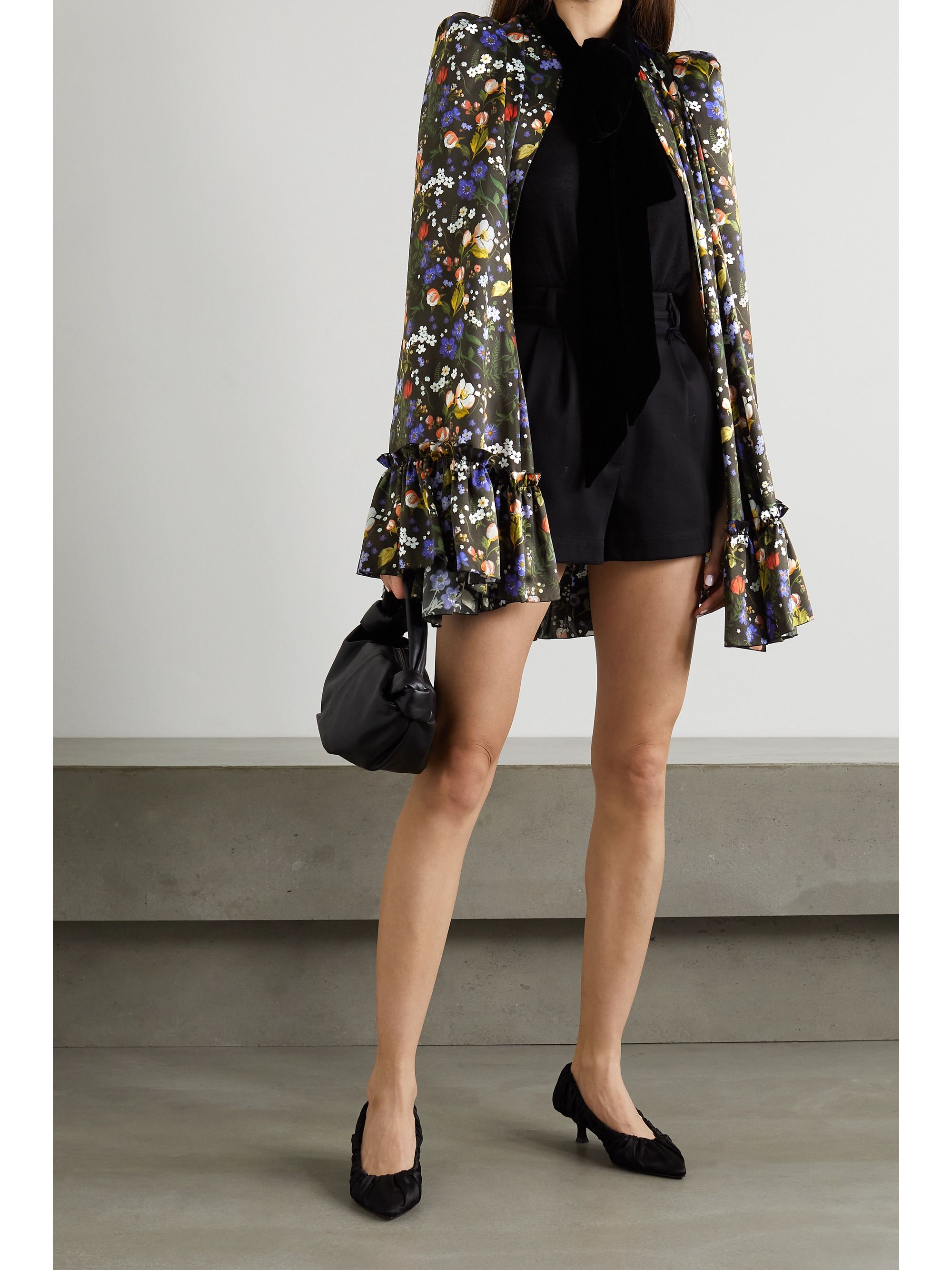 Black The Heidi ruffled velvet-trimmed floral-print silk cape | THE ...