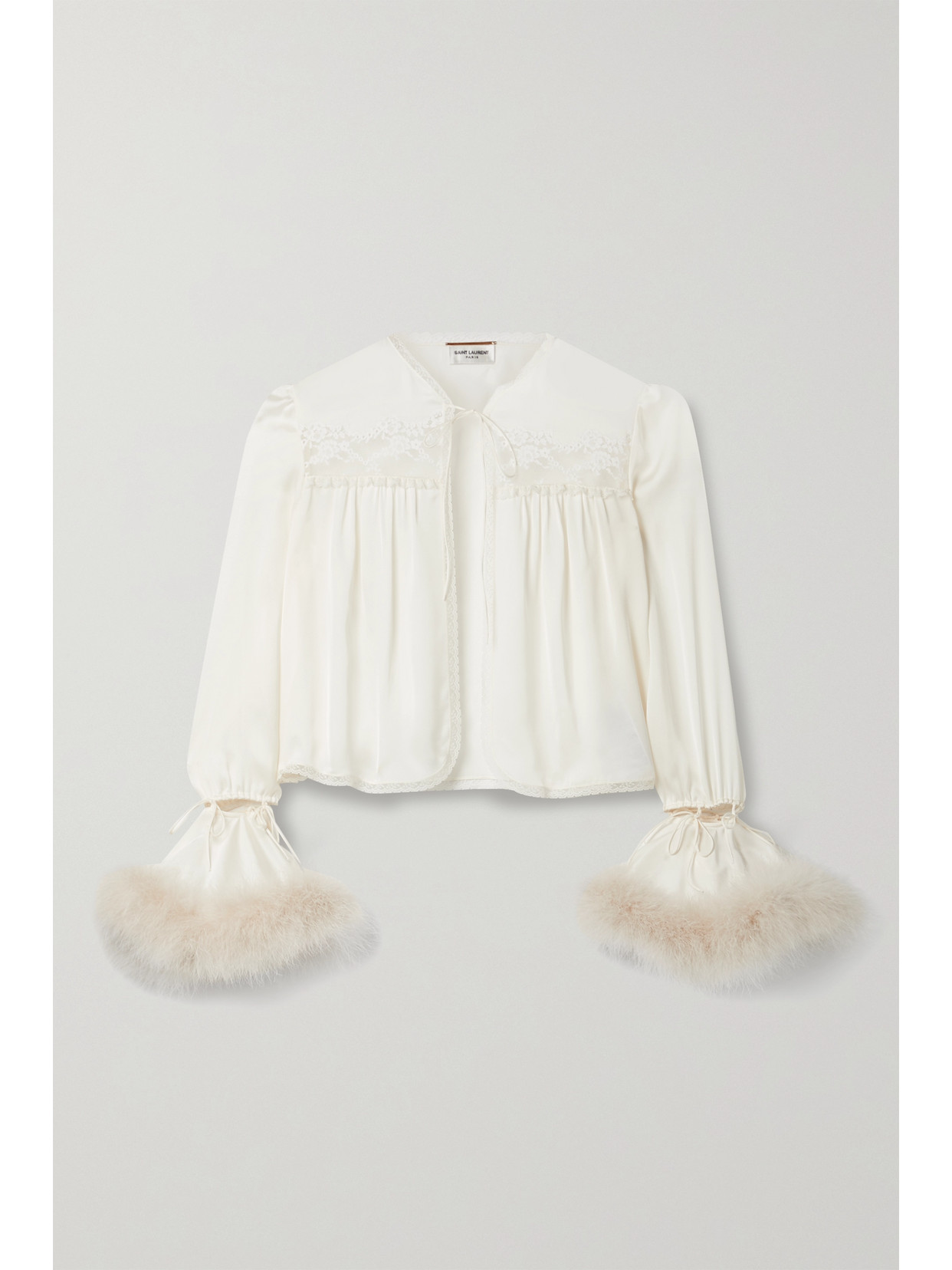 Saint Laurent Convertible Feather And Lace-trimmed Silk Blouse In White ...
