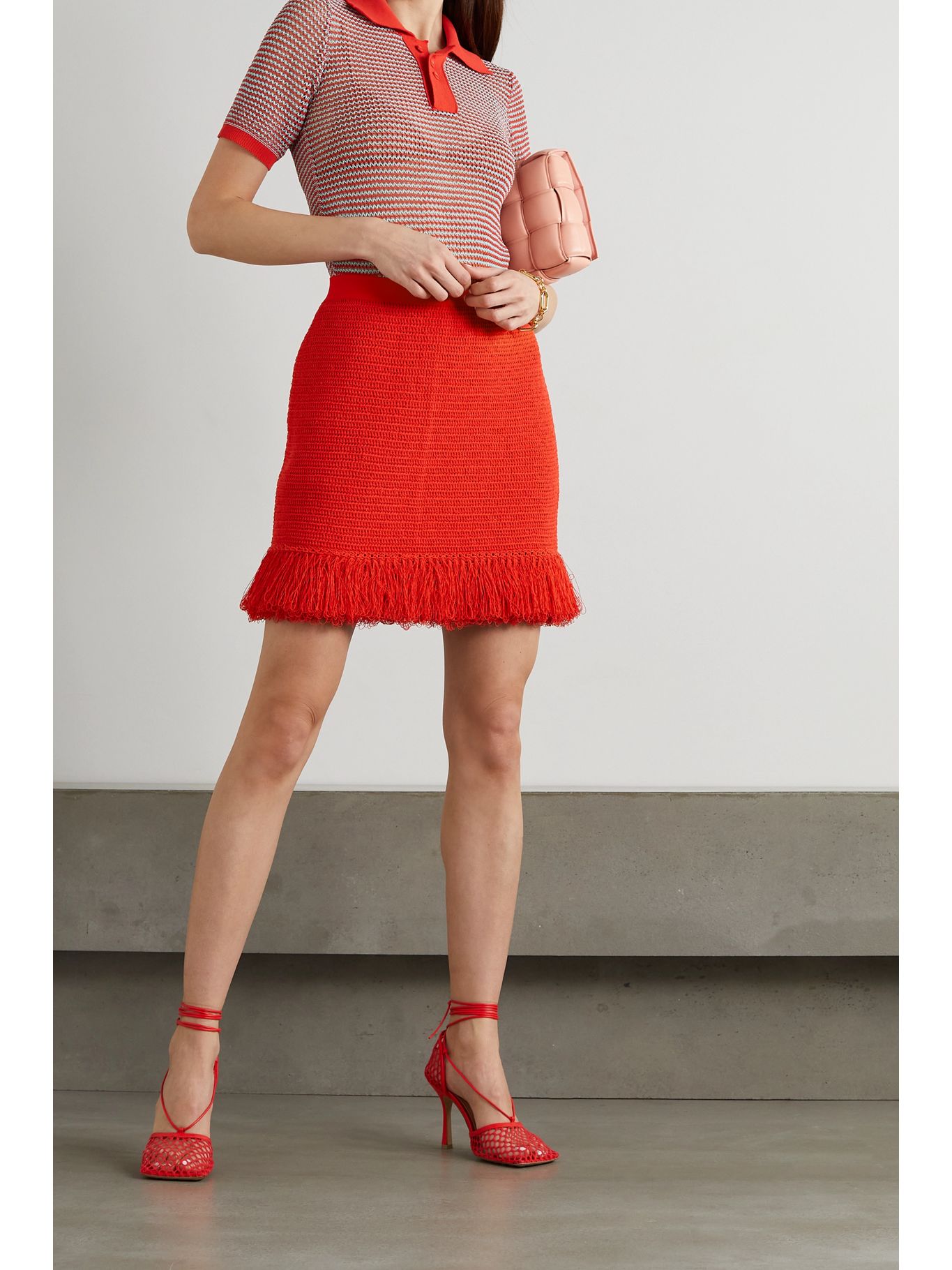 Red Fringed open-knit cotton-blend mini skirt | BOTTEGA VENETA | NET-A ...