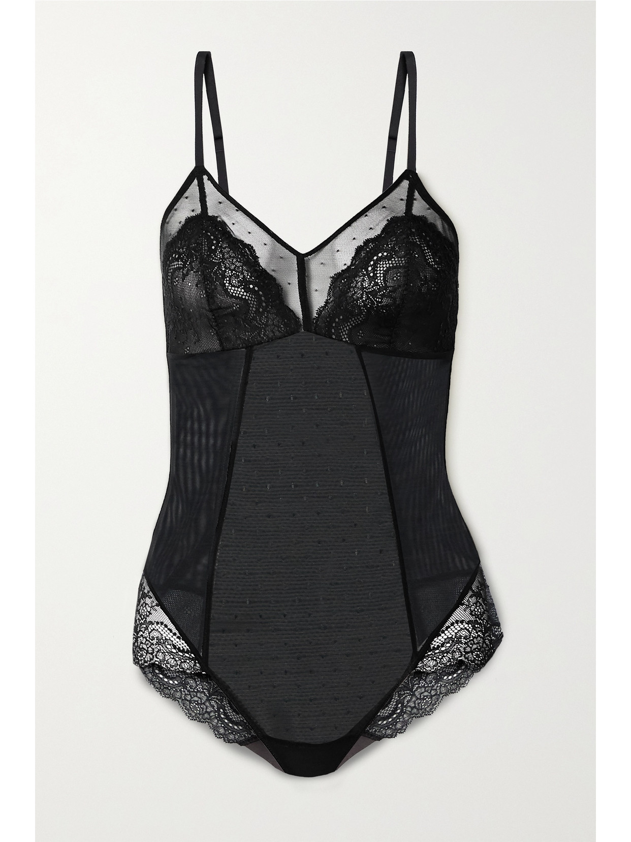 Spanx Spotlight Lace trimmed Stretch tulle Bodysuit In Very Black ModeSens