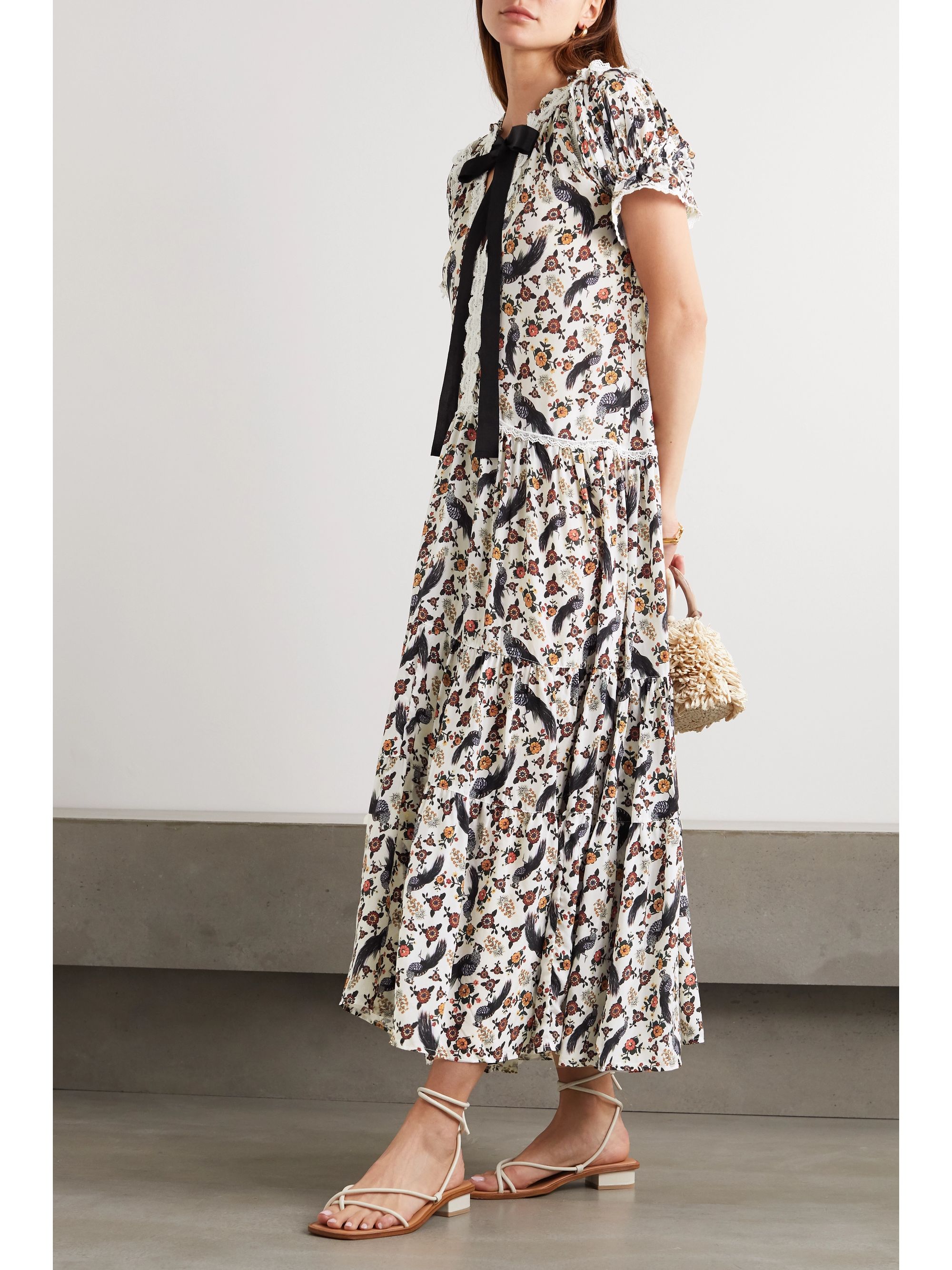 White Gloria pussy-bow crochet-trimmed printed crepe maxi dress | NET-A ...