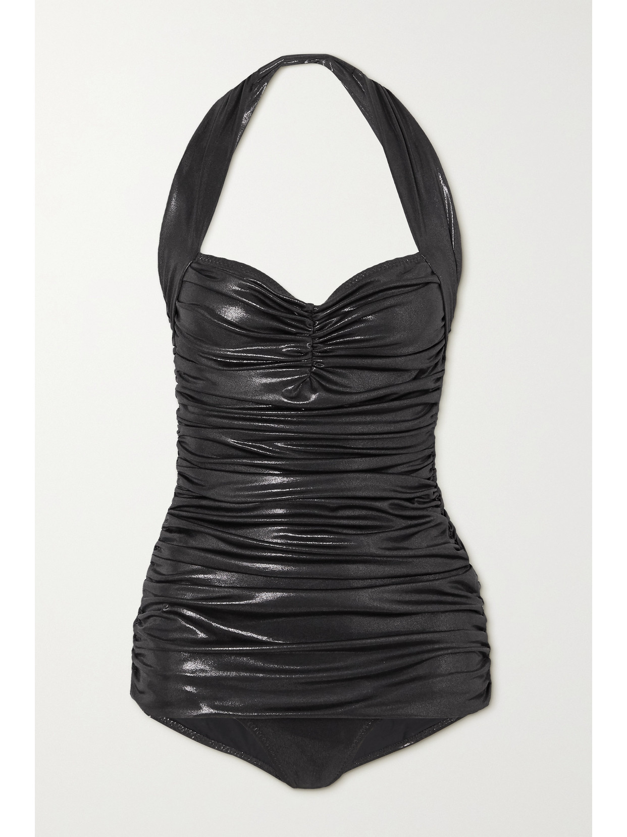 Norma Kamali Bill Mio Ruched Metallic Halterneck Swimsuit In Silver