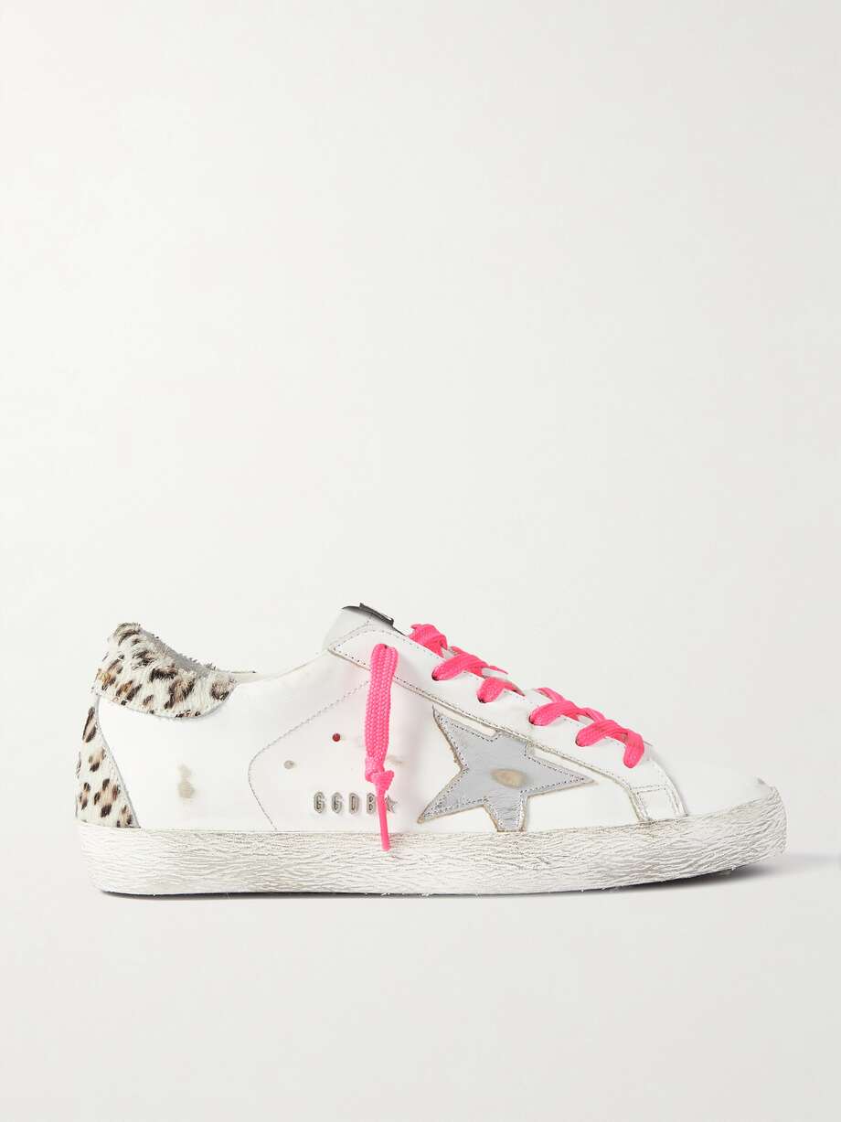 GOLDEN GOOSE Superstar leopard-print calf hair-trimmed distressed ...