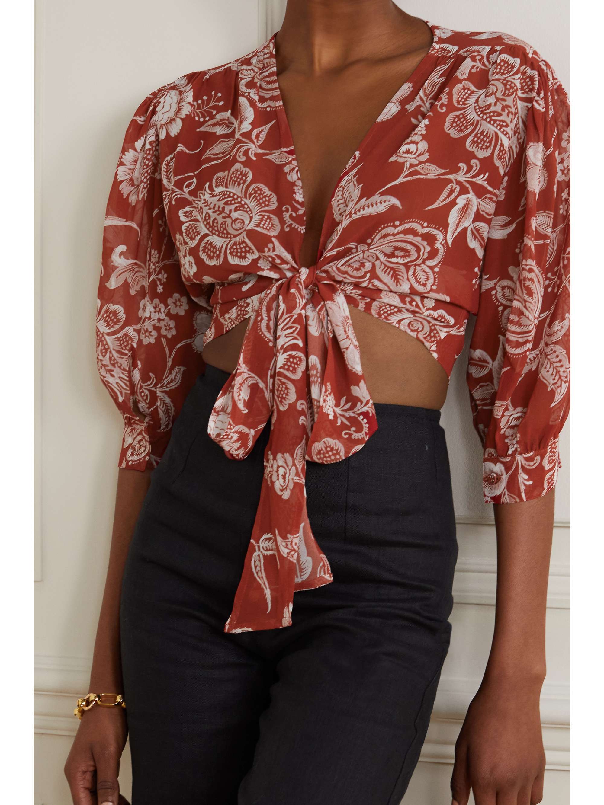 Brick Spirit cropped floral-print organic silk-chiffon top | EVARAE ...