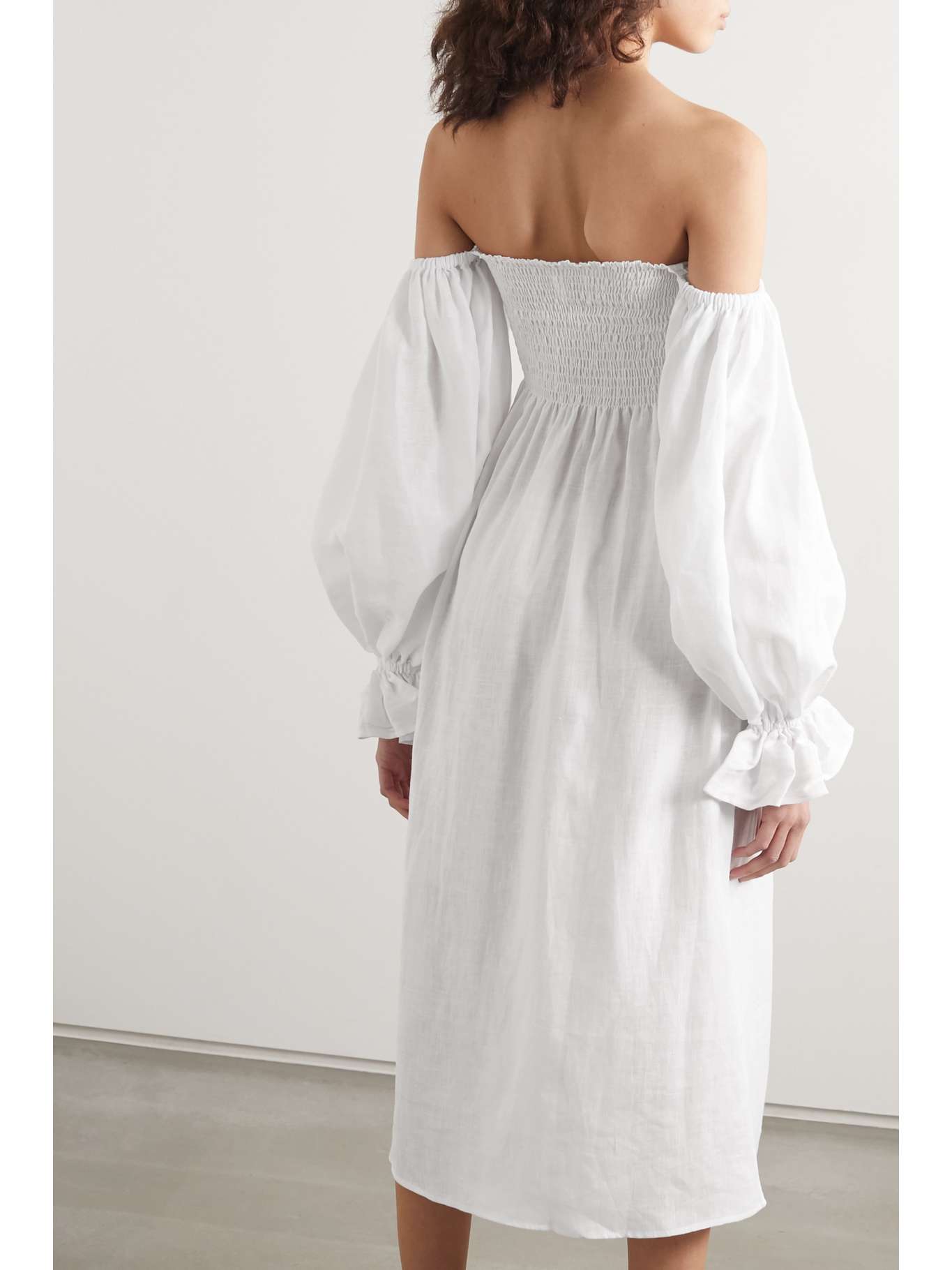 SLEEPER + NET SUSTAIN Atlanta off-the-shoulder shirred linen midi dress ...