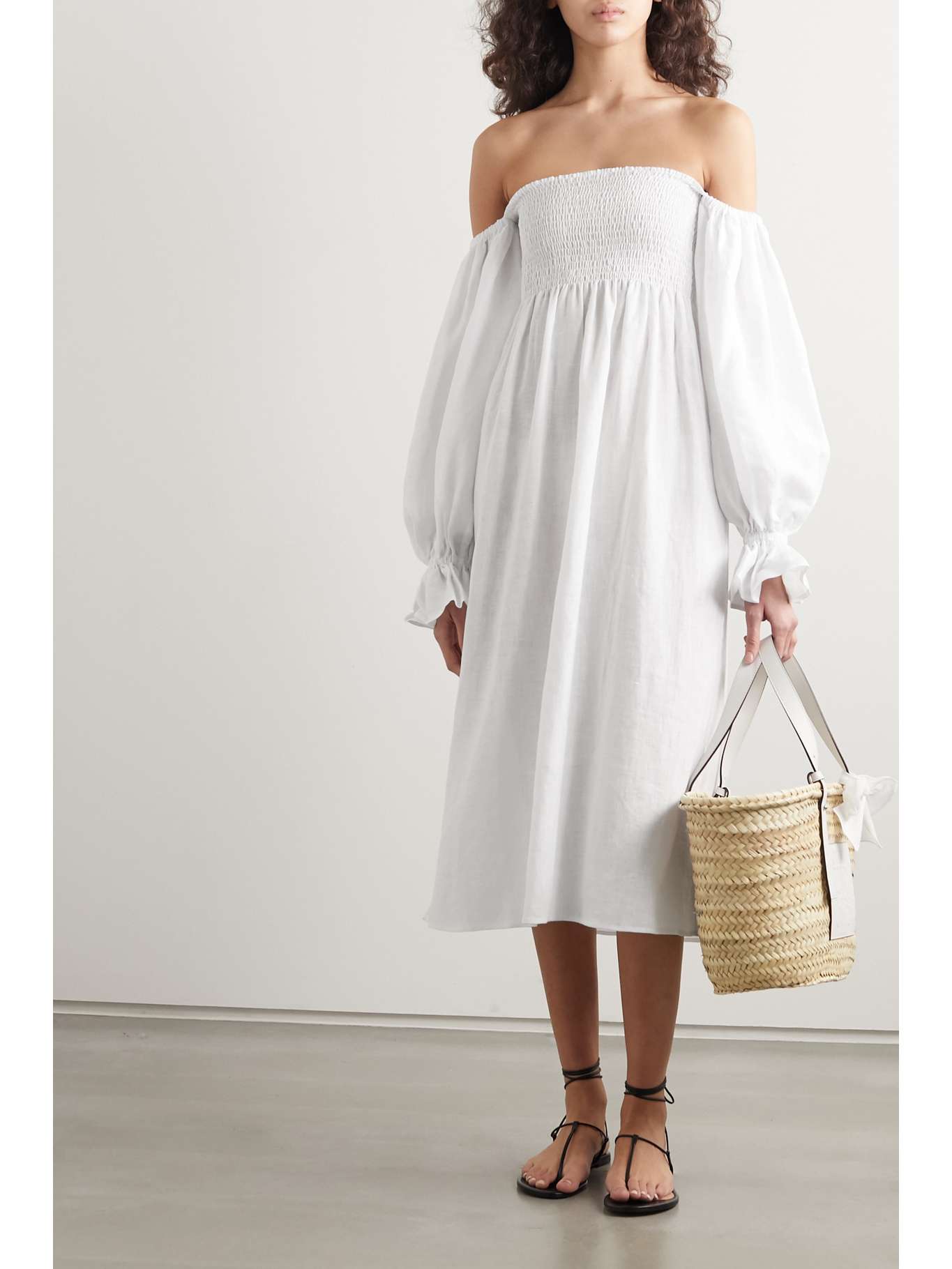 SLEEPER + NET SUSTAIN Atlanta off-the-shoulder shirred linen midi dress ...