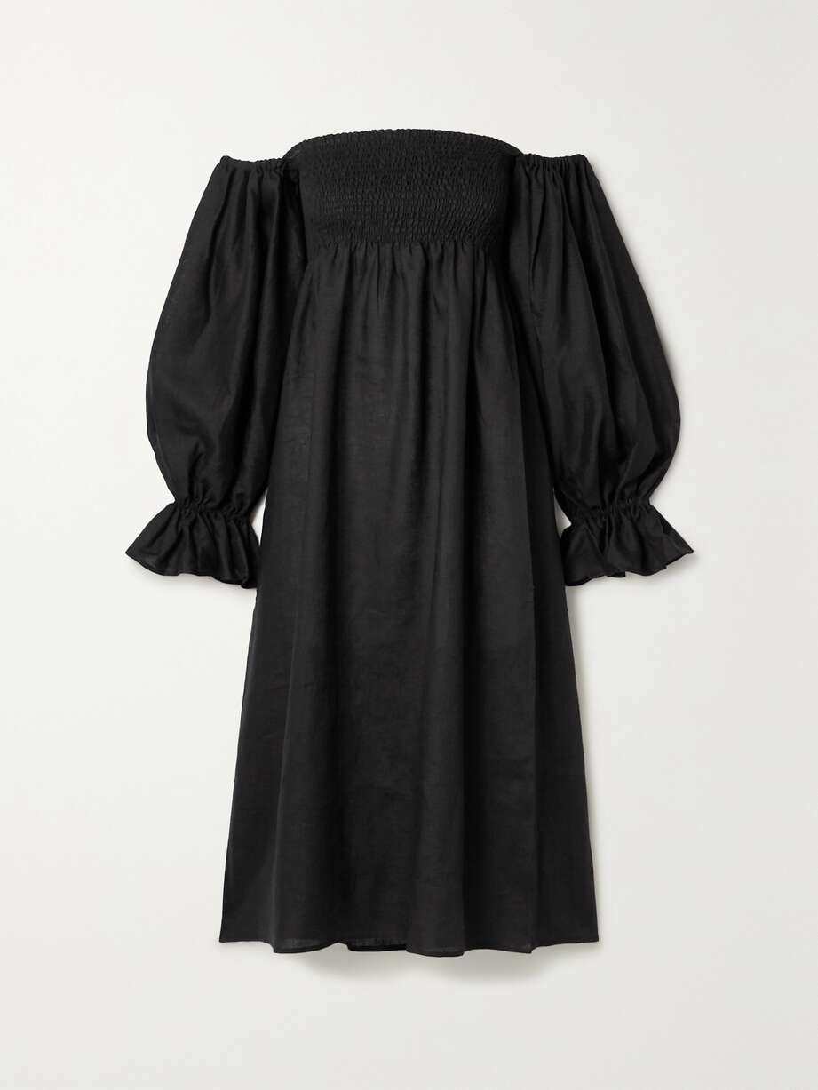 SLEEPER + NET SUSTAIN Atlanta off-the-shoulder shirred linen midi dress ...