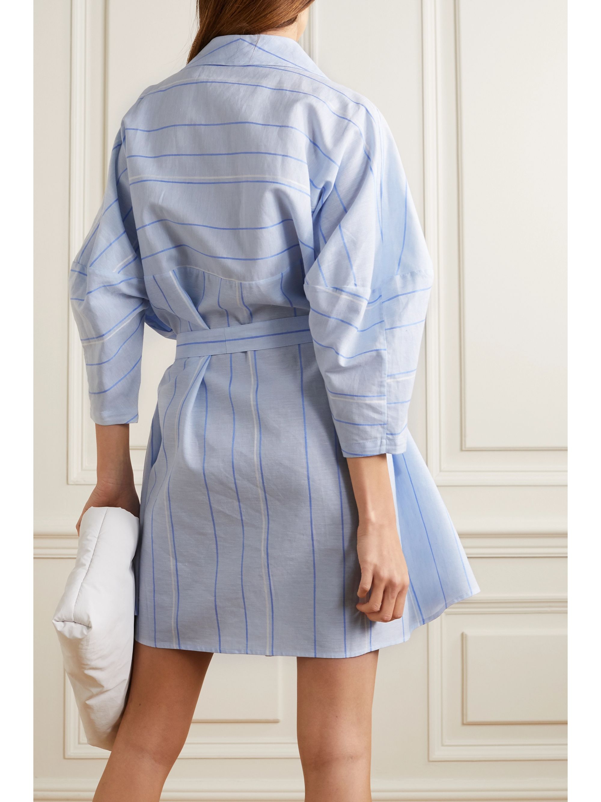 Light blue Belted striped cotton and linen-blend mini dress | PALMER ...