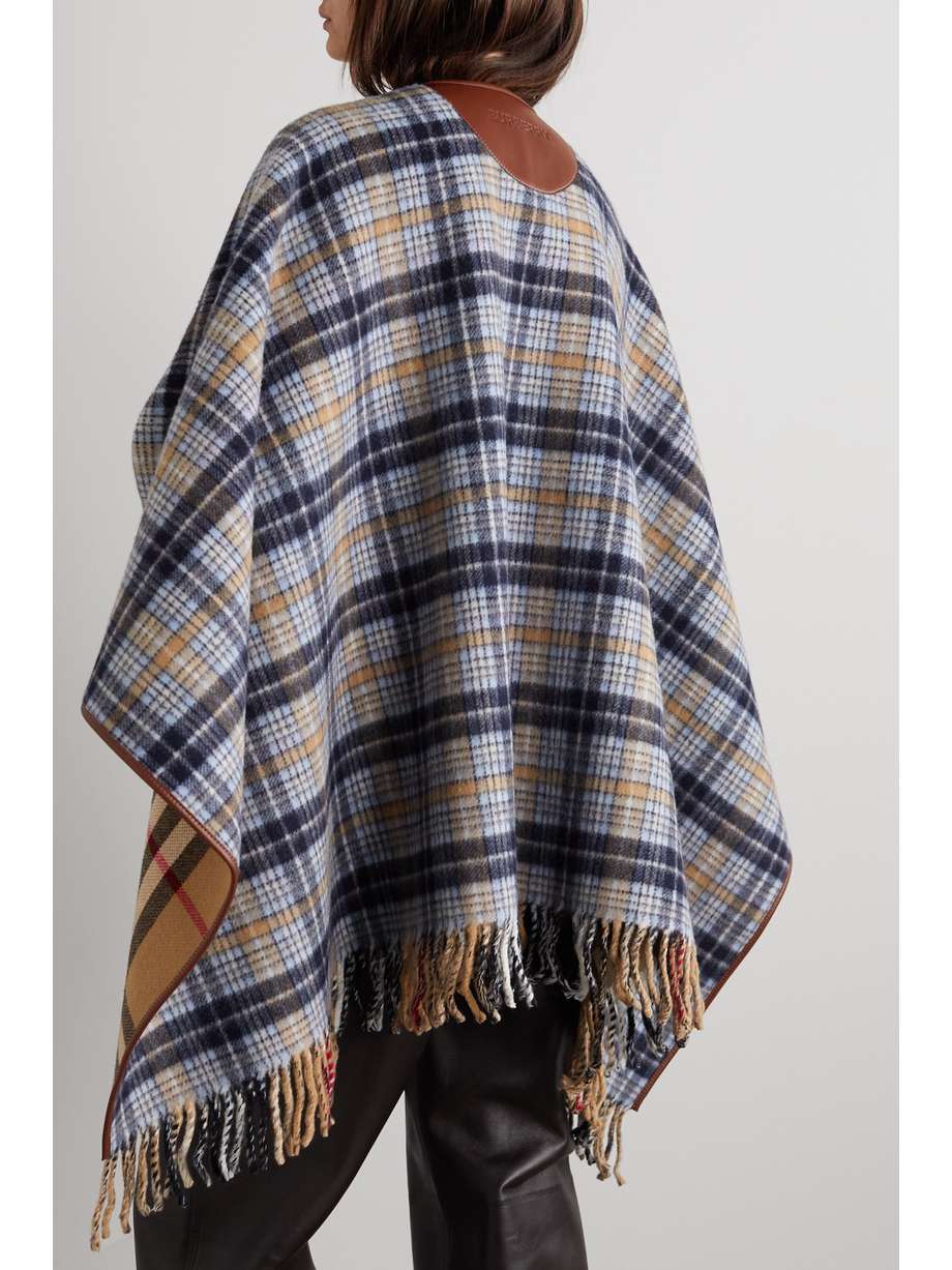 Beige Leather-trimmed fringed checked wool wrap | BURBERRY | NET-A-PORTER