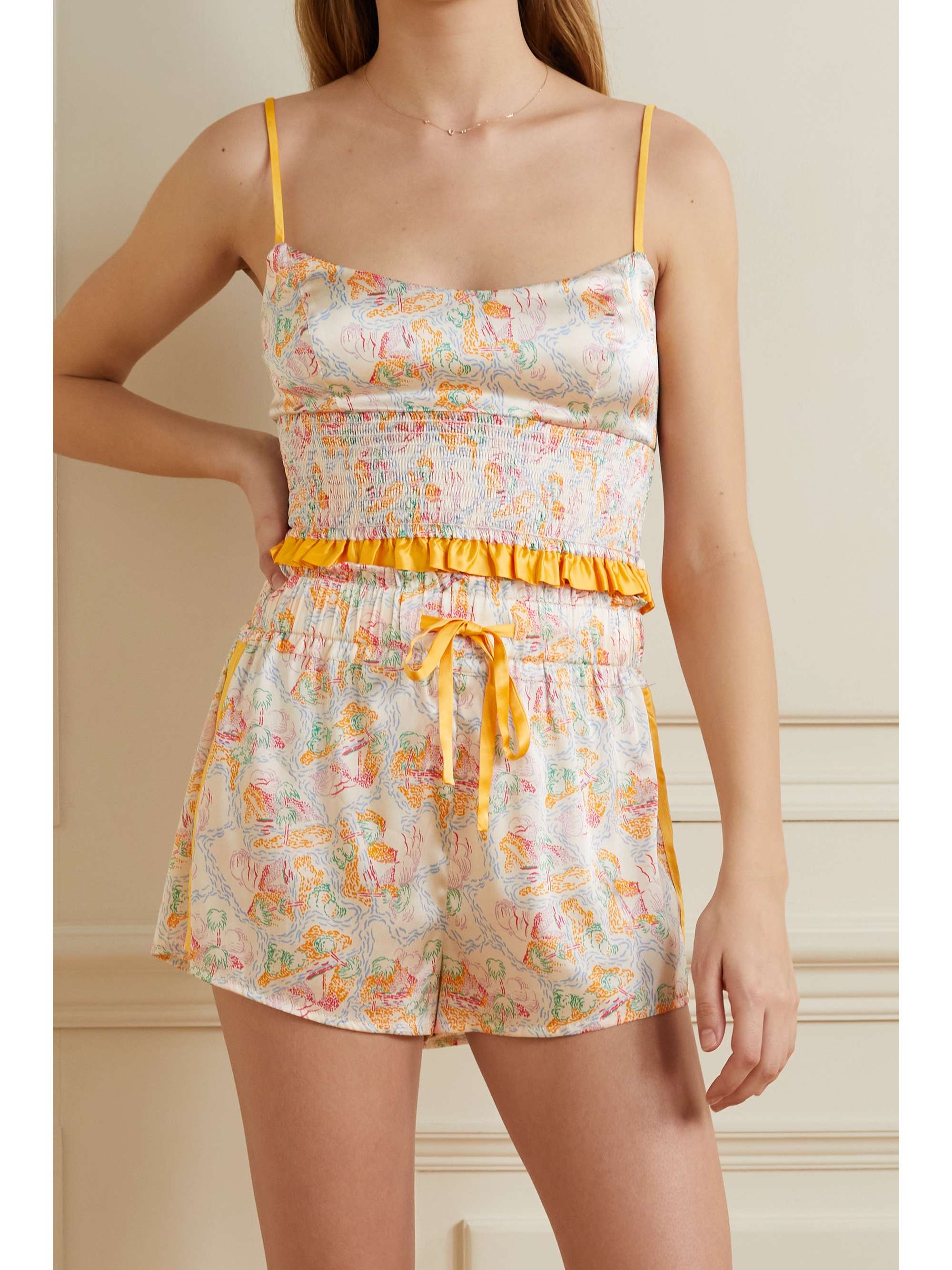 Yellow Lia Rickie Shirred Printed Silk Blend Satin Pajama Set Morgan