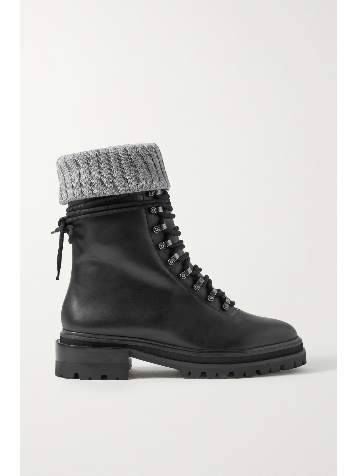 Porte & Paire Ribbed-knit Trimmed Leather Combat Boots In Black | ModeSens