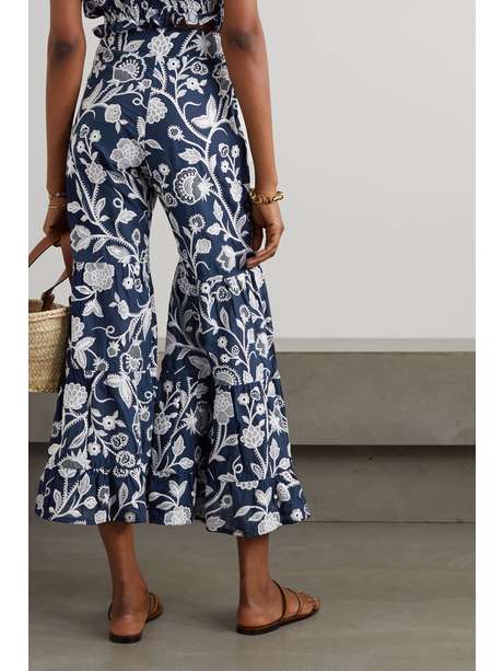 Blue + NET SUSTAIN Aquarelle embroidered cotton wide-leg pants ...