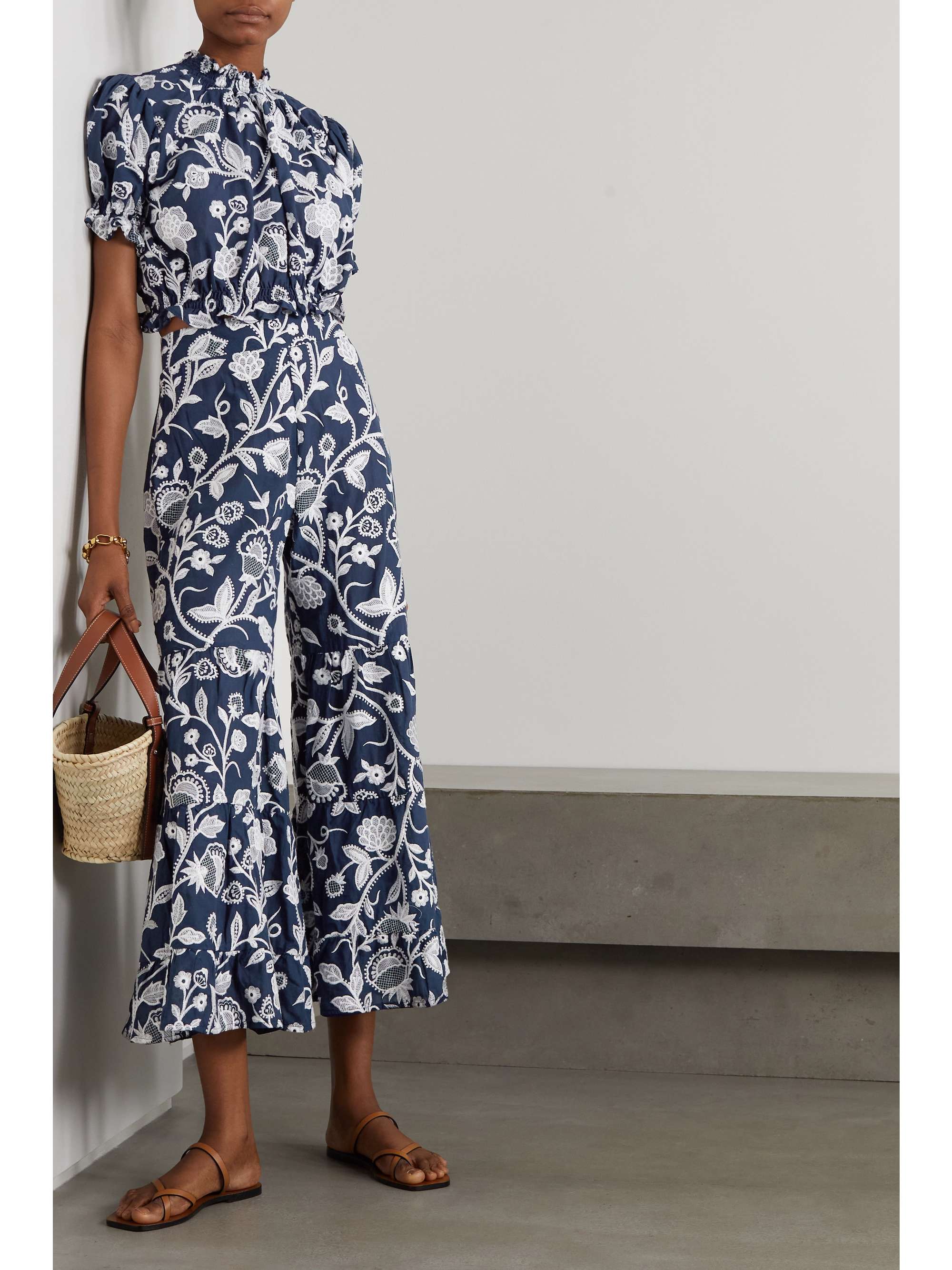Blue + NET SUSTAIN Aquarelle embroidered cotton wide-leg pants ...