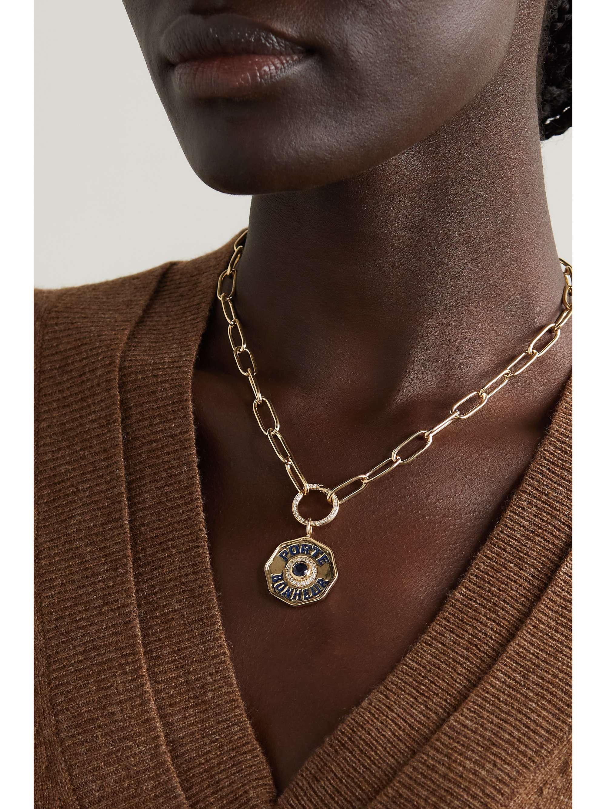 MARLO LAZ Porte Bonheur Coin large 14-karat gold, enamel, sapphire and ...