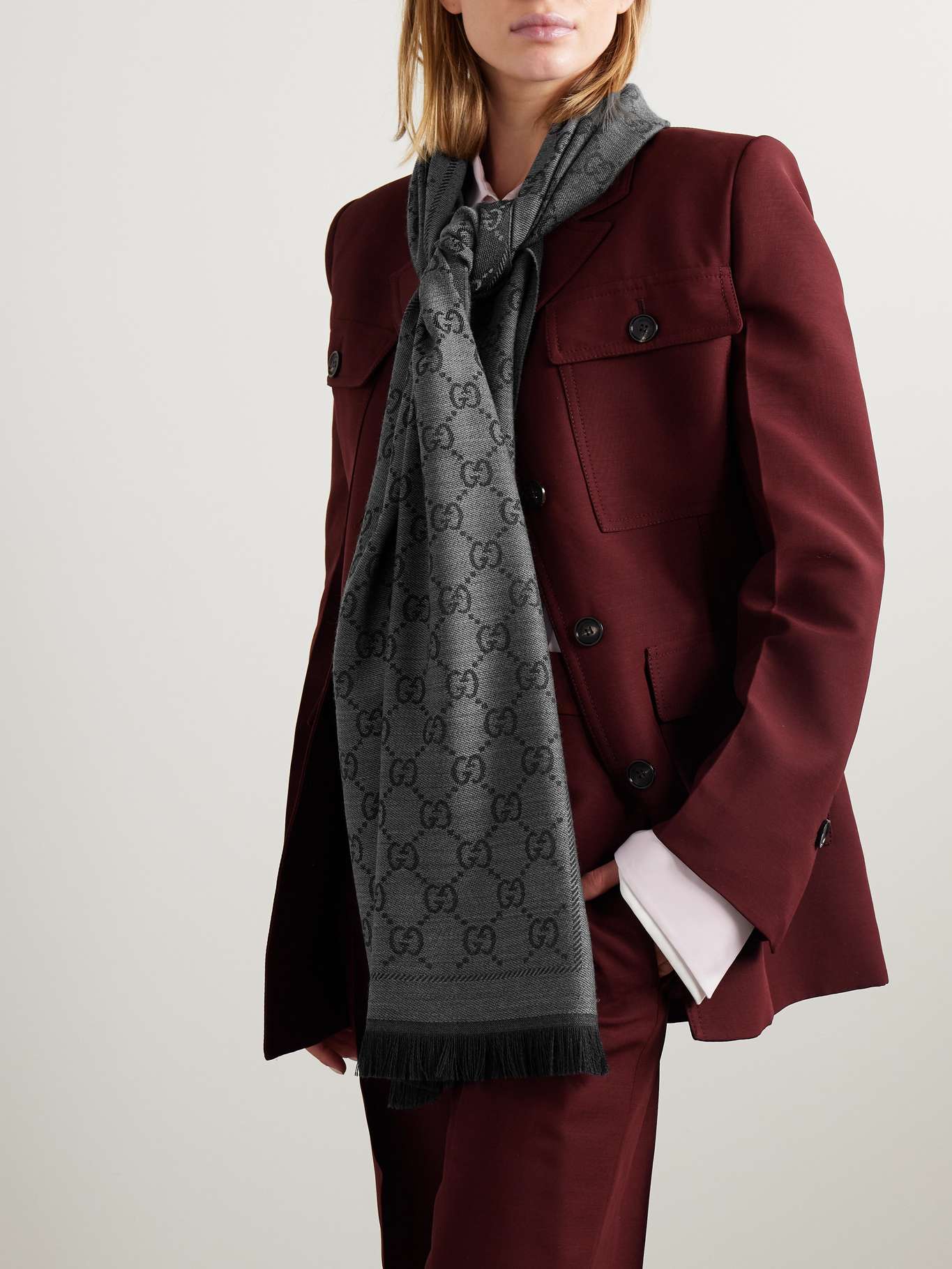 GUCCI + NET SUSTAIN Sten reversible fringed organic wool-jacquard scarf ...