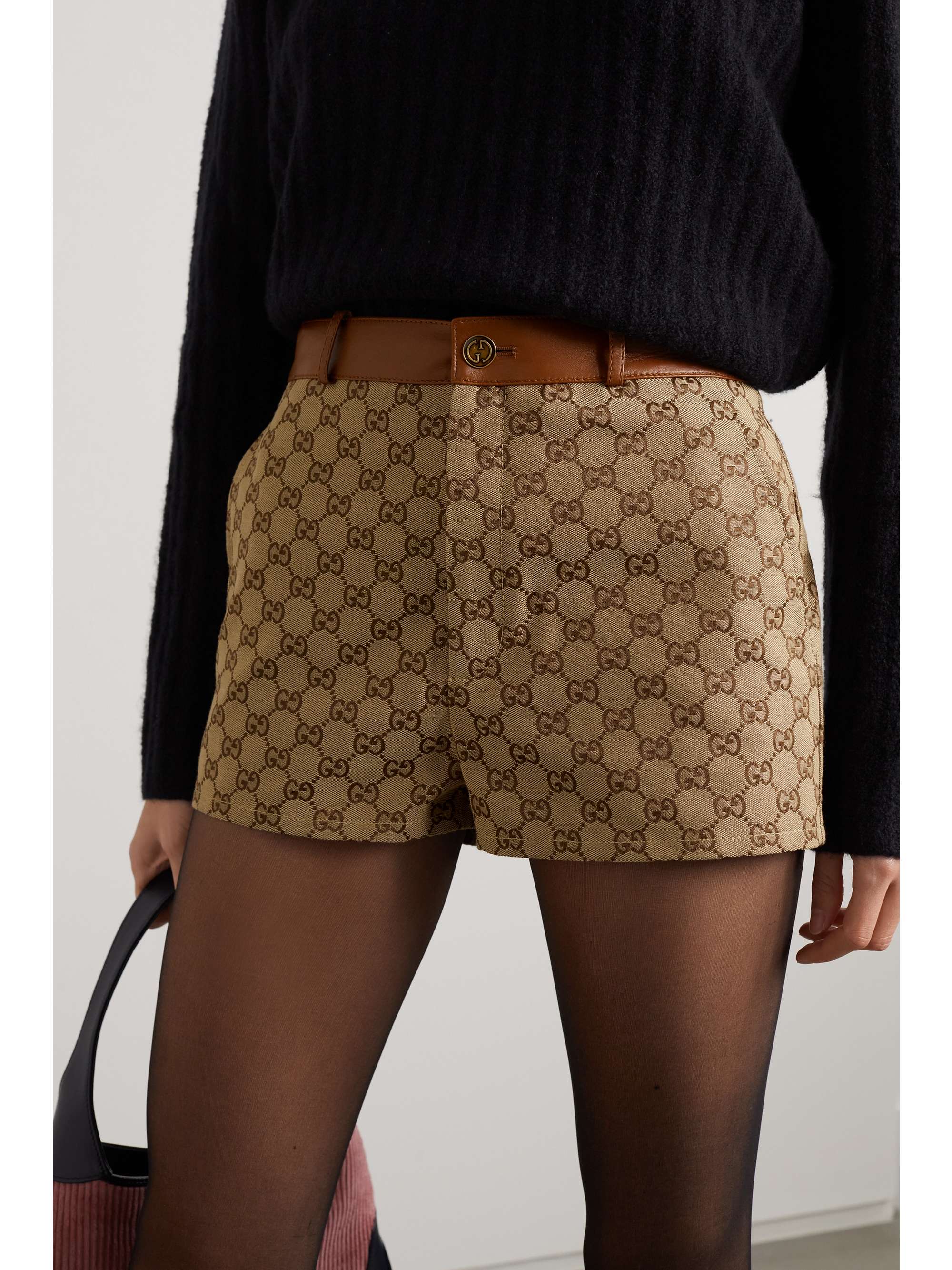 Gucci Aria Leather Trimmed Cotton Blend Canvas Jacquard Shorts Net A