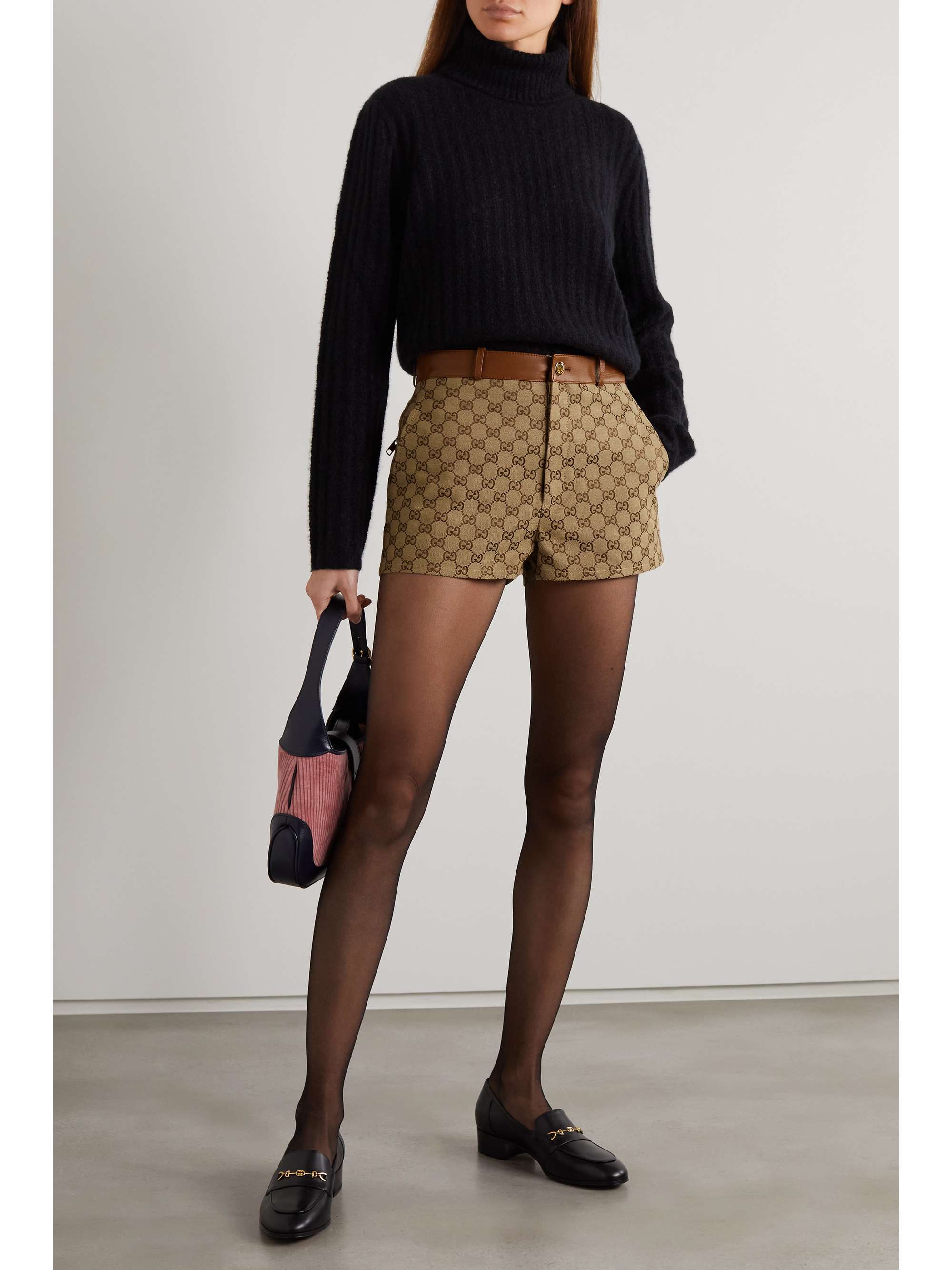 Gucci Aria Leather Trimmed Cotton Blend Canvas Jacquard Shorts Net A