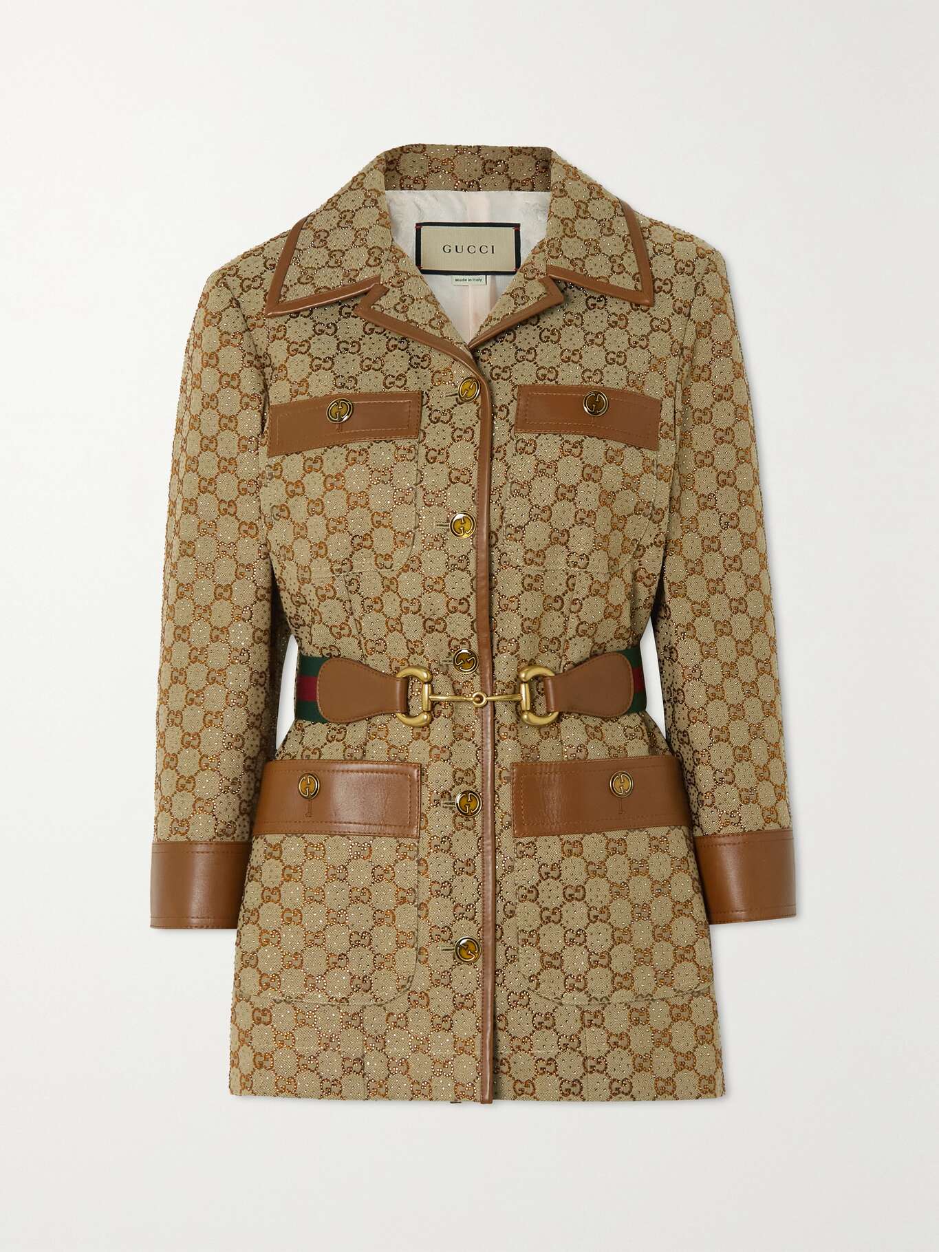 GUCCI Aria belted leather-trimmed cotton-blend canvas-jacquard jacket ...