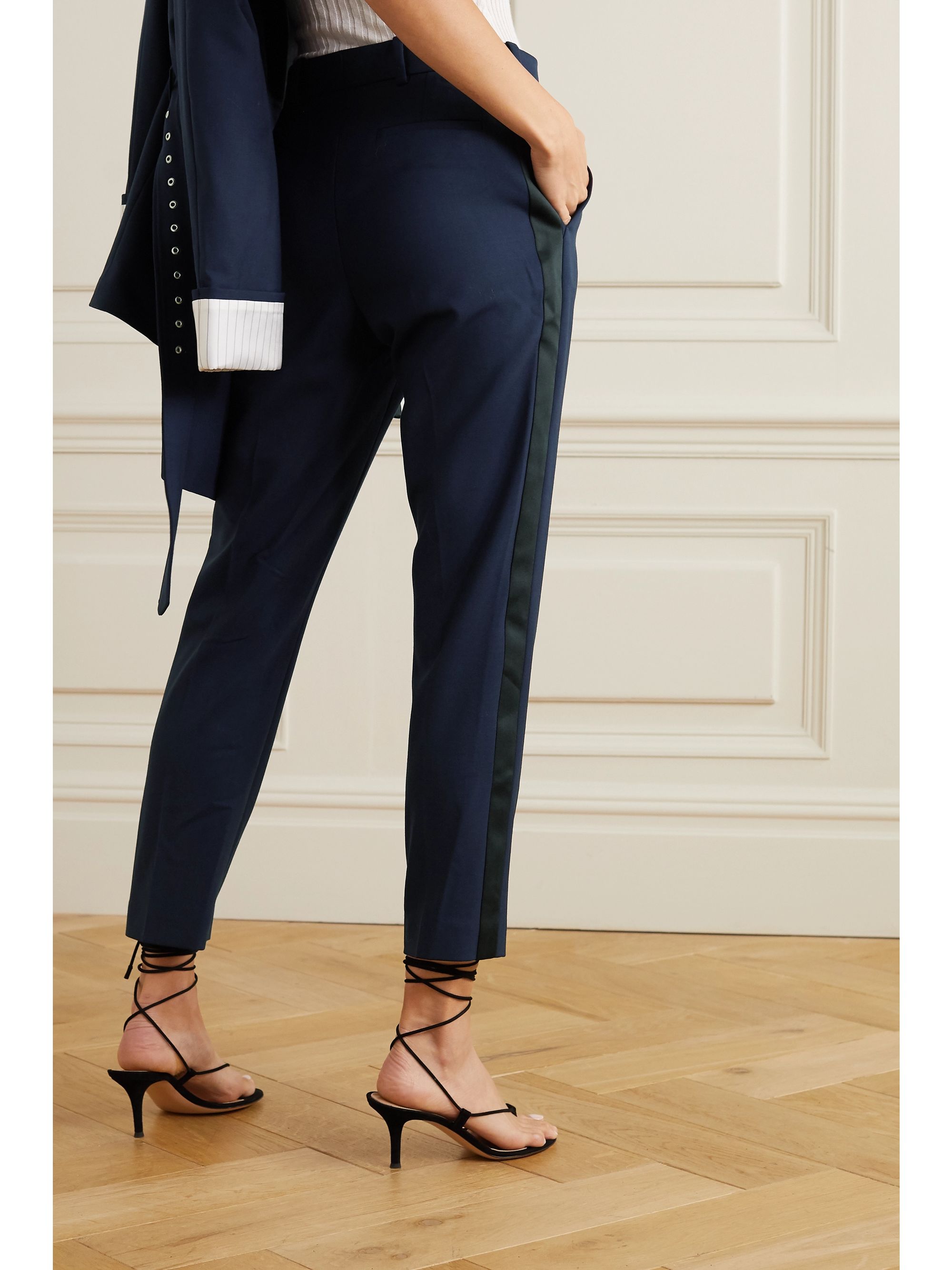 Navy Aries cropped satin-trimmed wool-blend straight-leg pants | RACIL ...