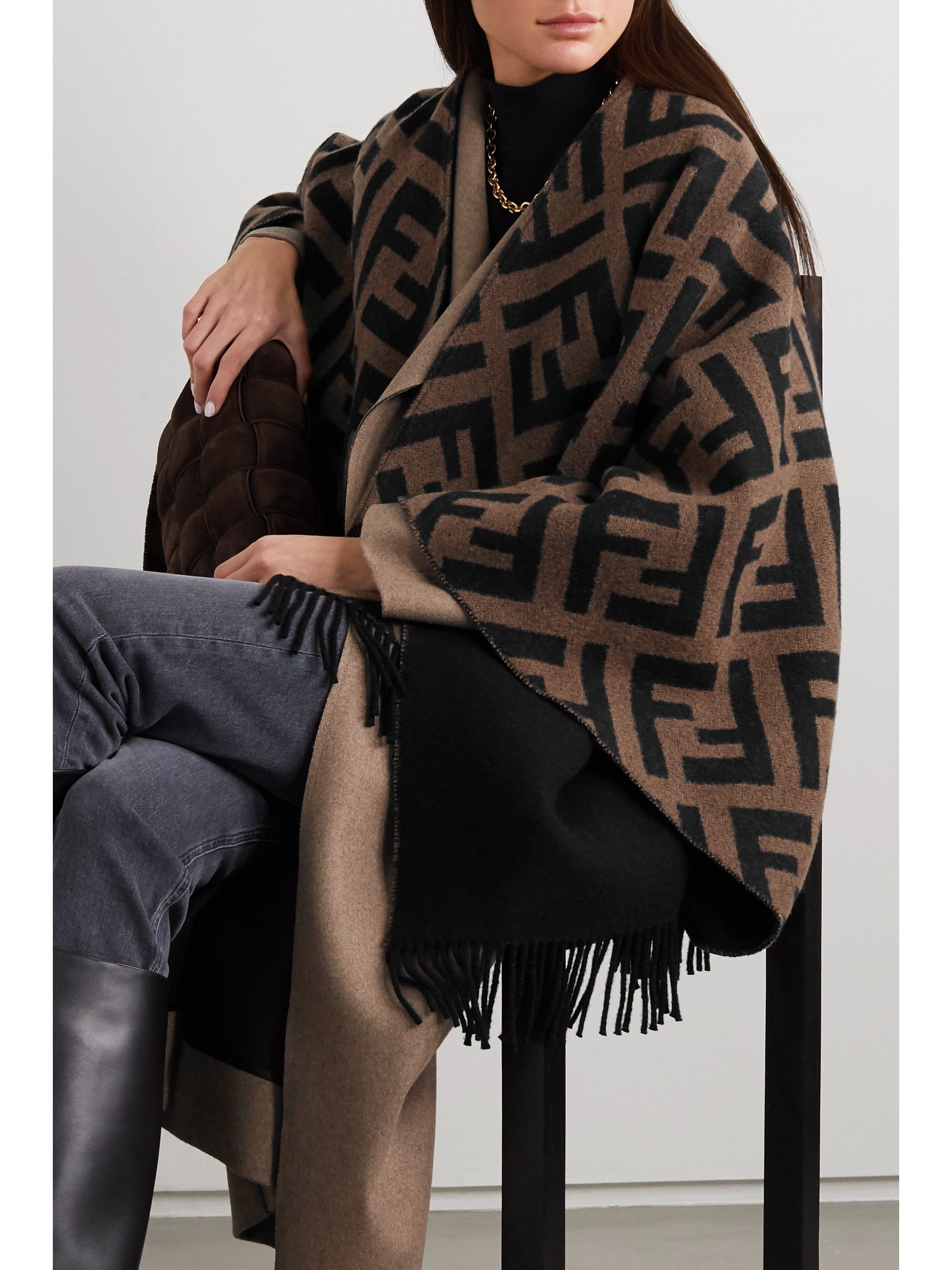 Black Reversible fringed intarsia wool and cashmere-blend wrap | FENDI ...