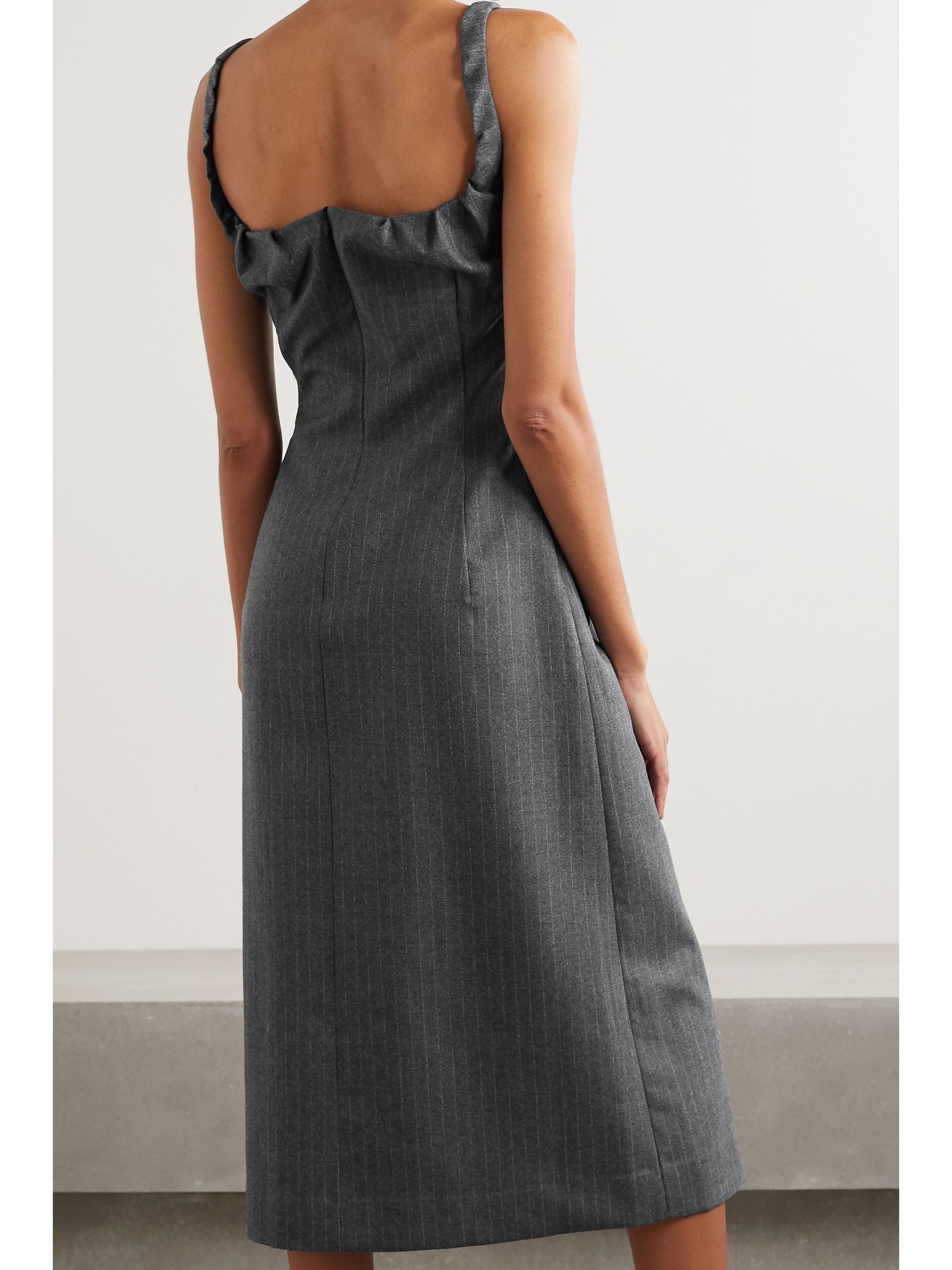Gray Ruched pinstriped wool-blend midi dress | COMMISSION | NET-A-PORTER