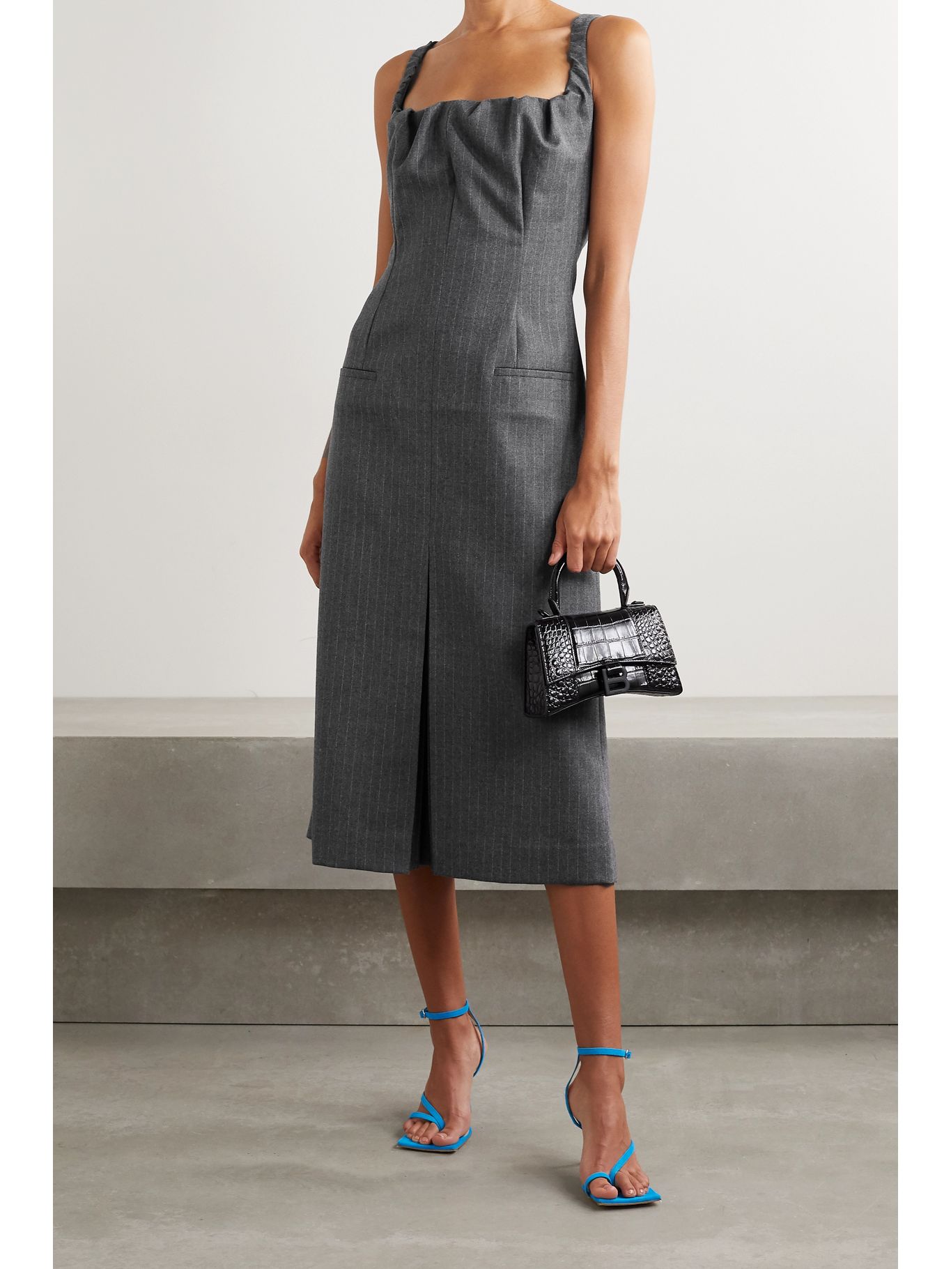 Gray Ruched pinstriped wool-blend midi dress | COMMISSION | NET-A-PORTER