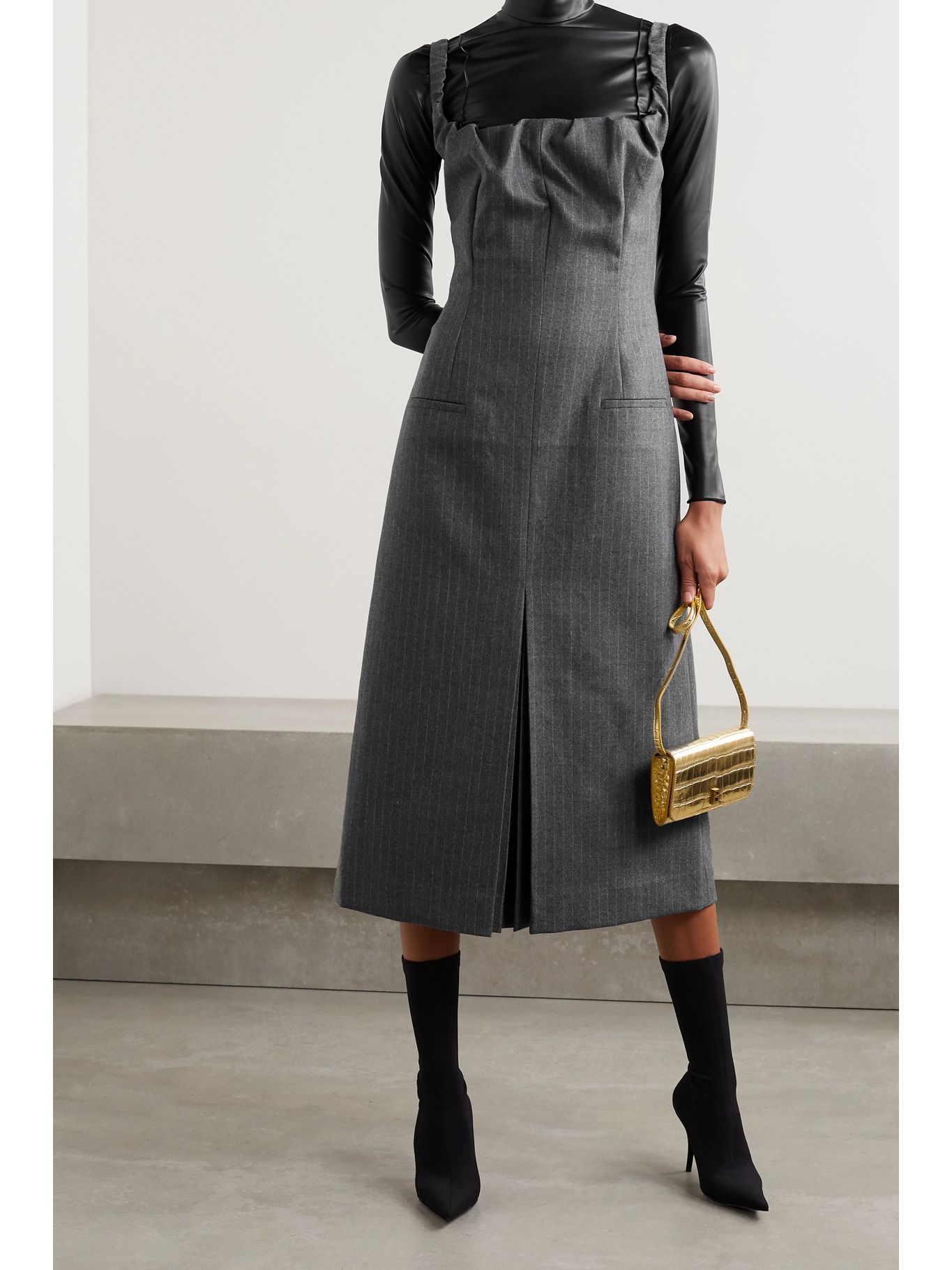 Gray Ruched pinstriped wool-blend midi dress | COMMISSION | NET-A-PORTER